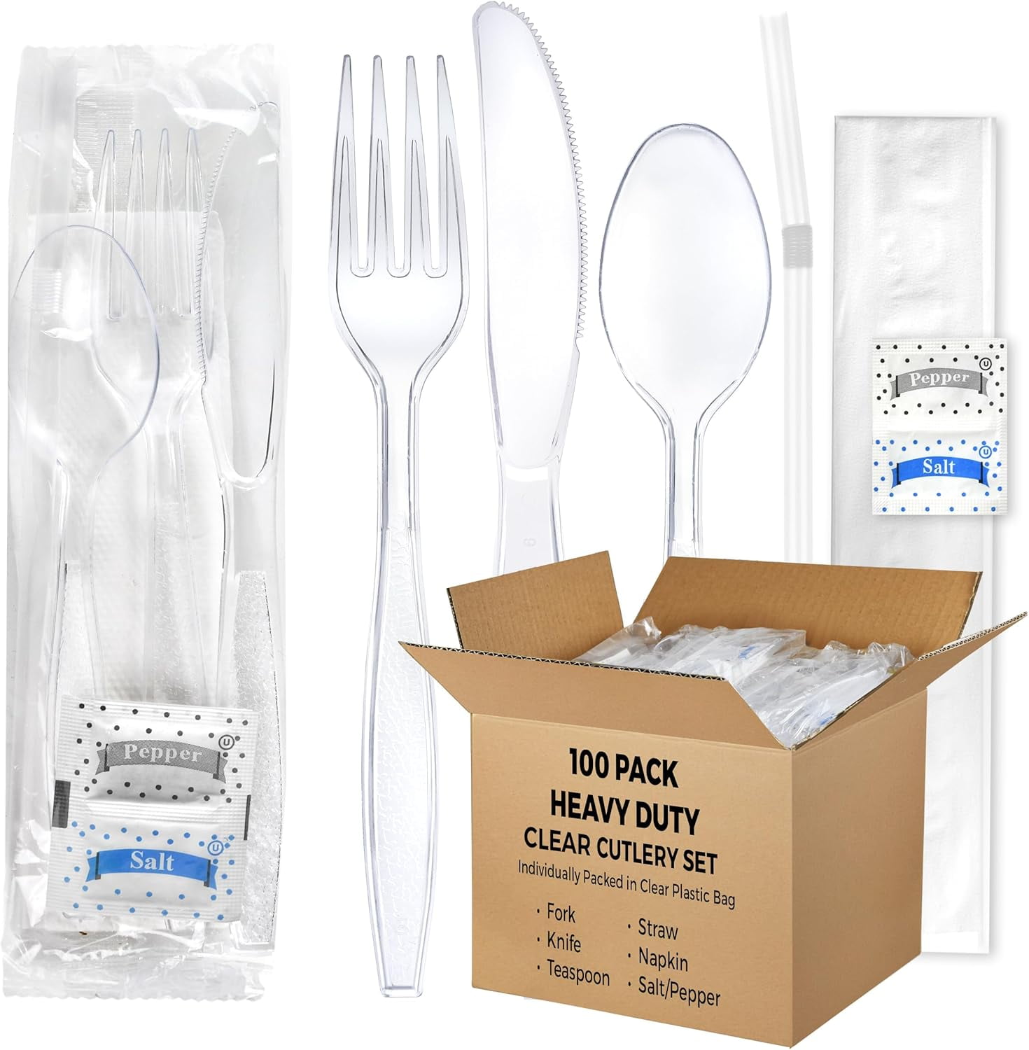 100 pack | Clear Heavy Duty Plastic Disposable Cutlery Set | 6 in 1 ...