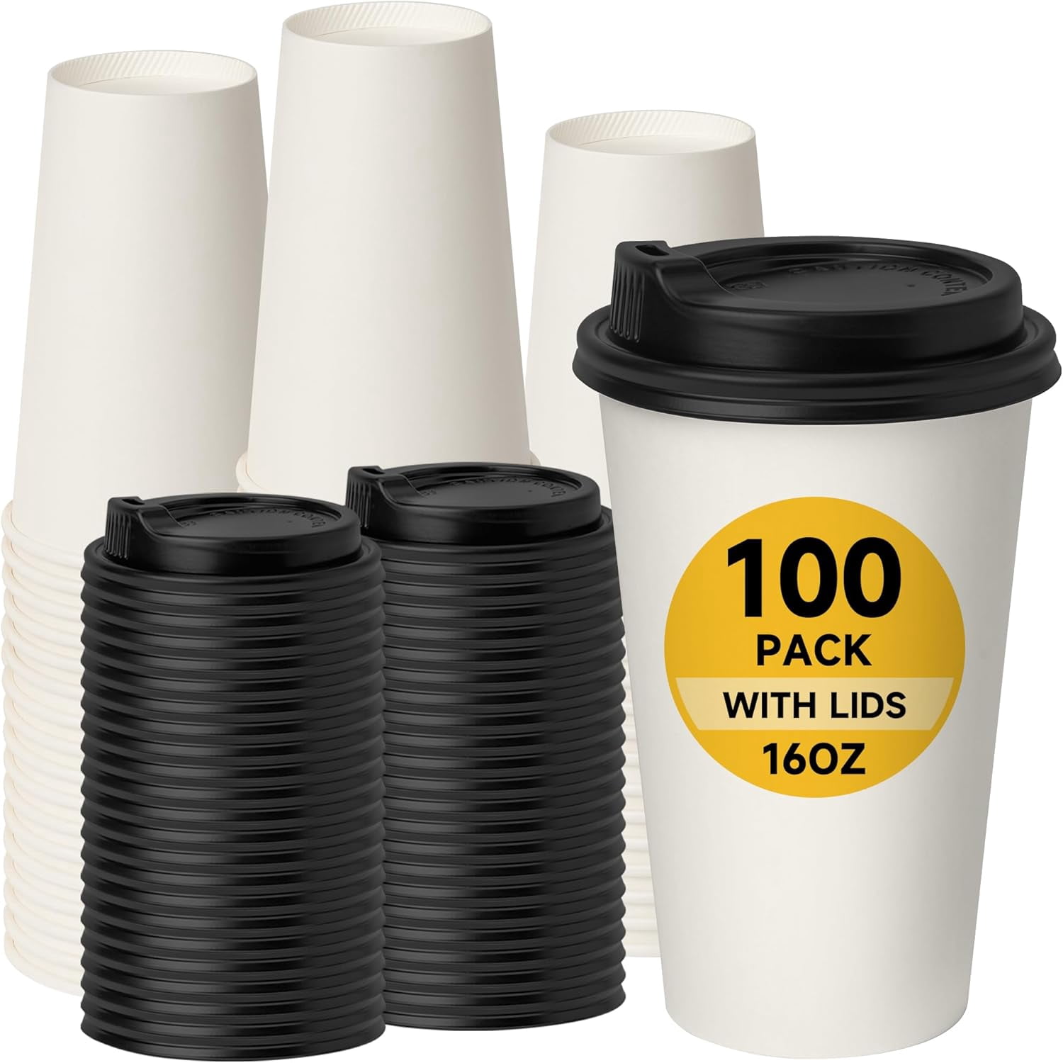 [100 pack] Disposable Coffee Cups with Lids 16 oz, Hot Paper Cups with ...