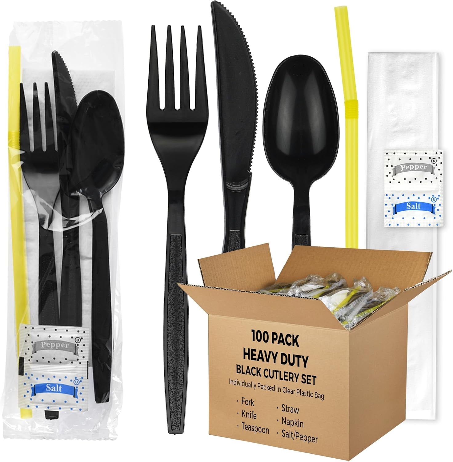 100 pack | Individually wrapped Cutlery set | BlackHeavy Duty Cutlery ...