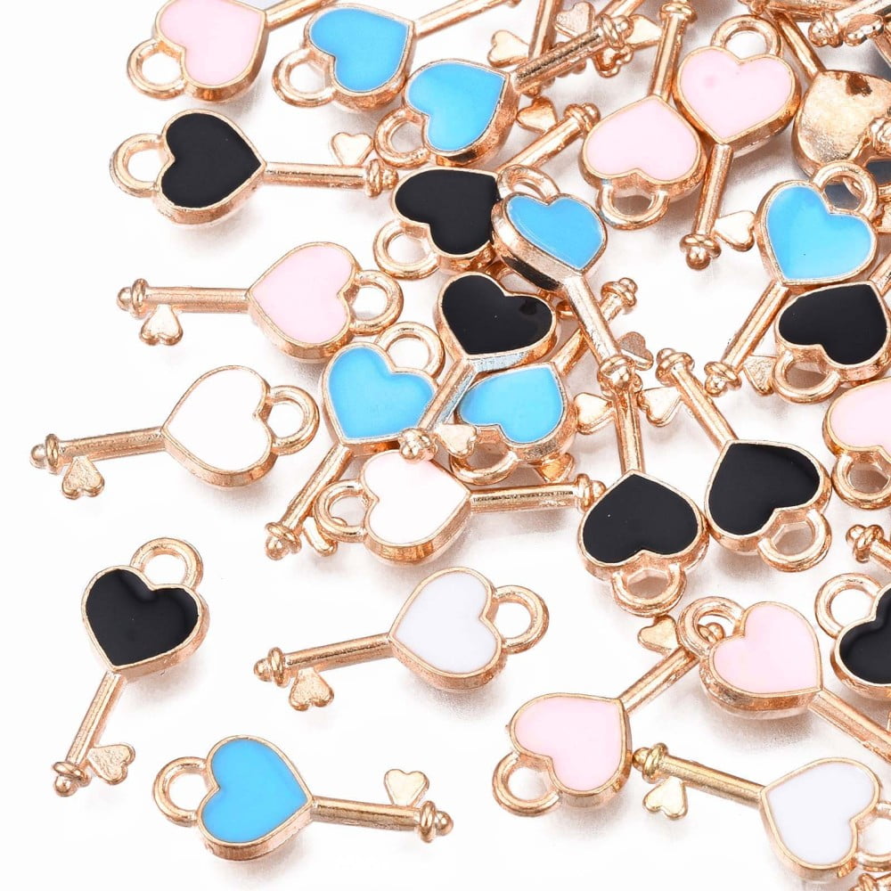 100 pc Alloy Pendants with Enamel Heart Key Light Gold Mixed Color ...