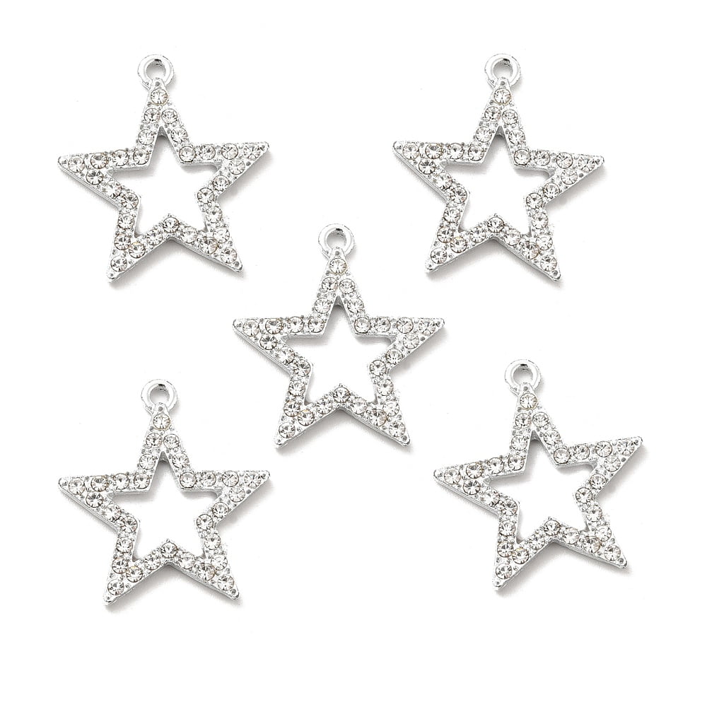 100 pc Alloy Rhinestone Pendants Platinum Tone Hollow Out Star Charms ...