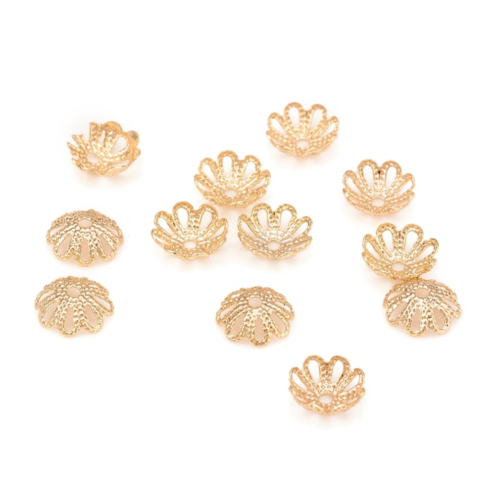 100 pc Brass Fancy Bead Caps Long-Lasting Plated Multi-Petal Flower Light golden 7x2mm Hole: 1mm ...