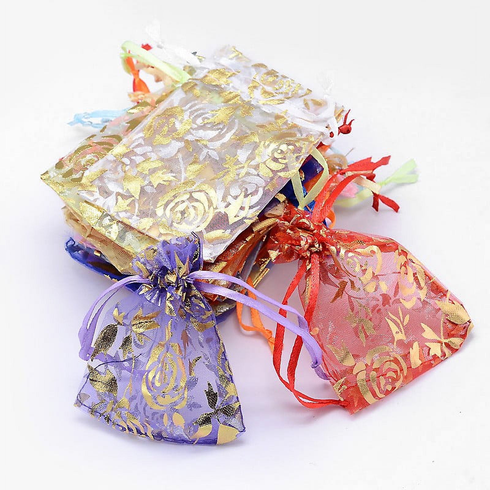 100 pc Gold Stamping Rose Flower Rectangle Organza Gift Bags Jewelry ...