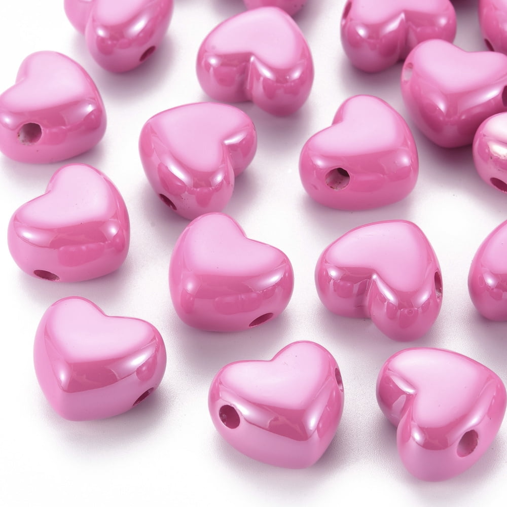 100 pc Opaque Acrylic European Beads Large Hole Beads Pearlized Heart ...