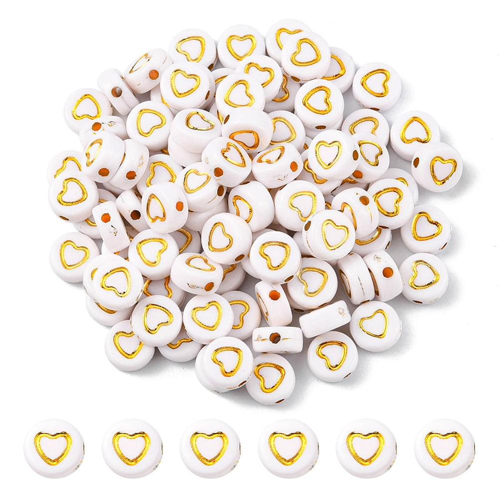 100 pc Plating Acrylic Beads Metal Enlaced Flat Round with Heart White ...