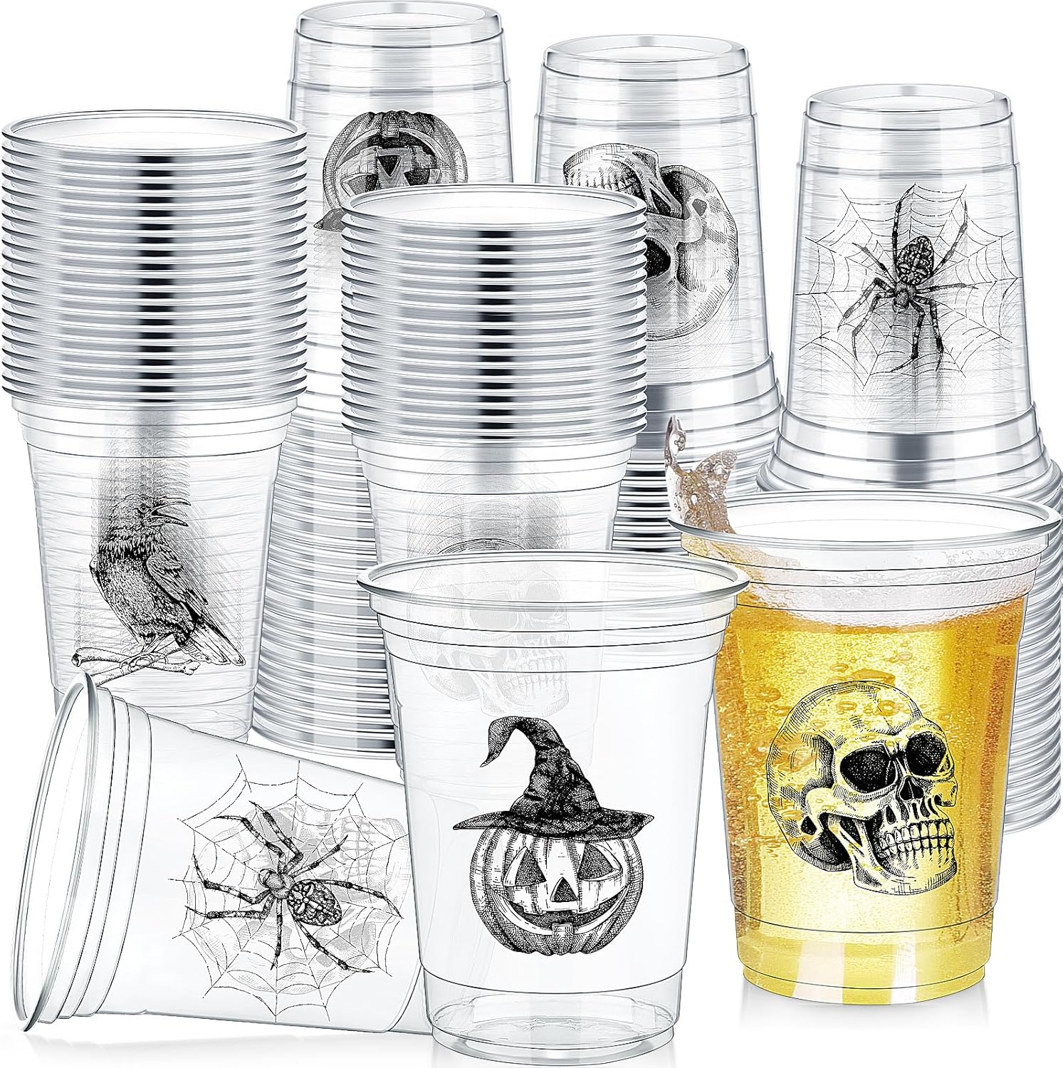 100 pcs 16 oz Halloween Plastic Cups Disposable Halloween Clear Skull ...