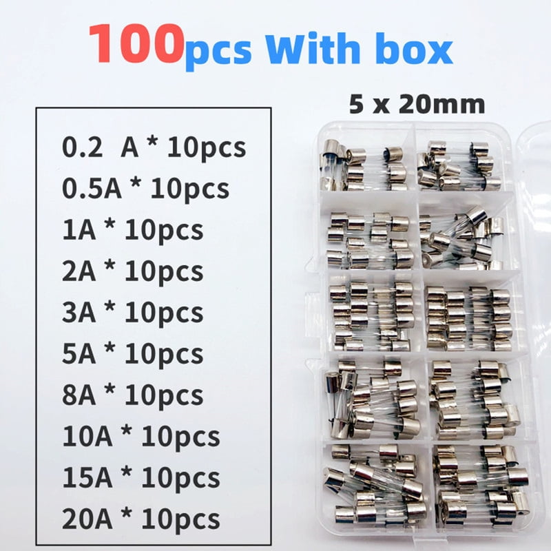 100 pcs 5x20mm fusible glass fuse, 0.1A 0.2A 0.5A 1A 2A 3A 3.15A 4A 5A 6A 7A 8A 10A 12A 15A 20A ...