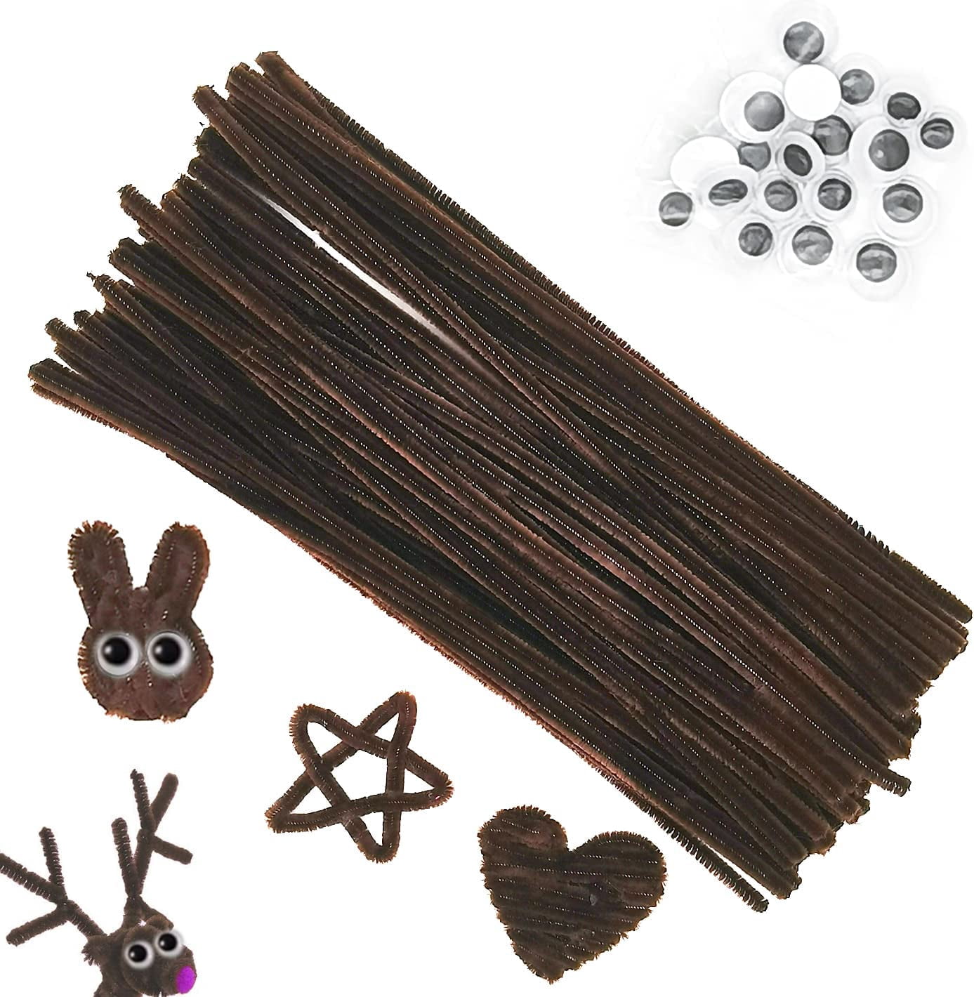 100 pcs Brown Pipe Cleaners with 20 pcs Googly Eyes,Chenille Stems for ...
