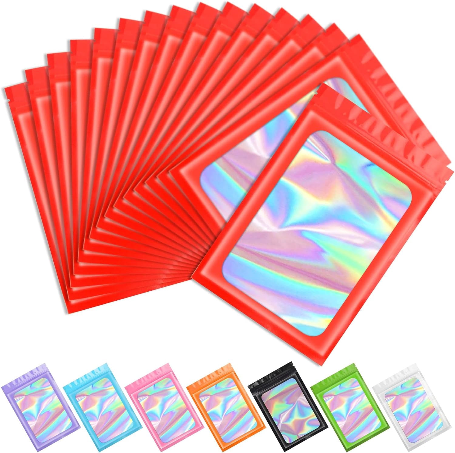 100 pcs Red Mylar Holographic Bags with Clear Window, Zipper Resealable ...
