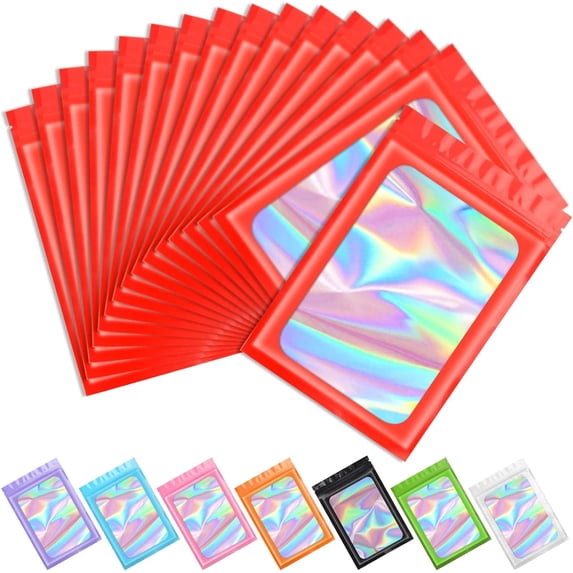 100 pcs Red Mylar Holographic Bags with Clear Window, Zipper Resealable ...