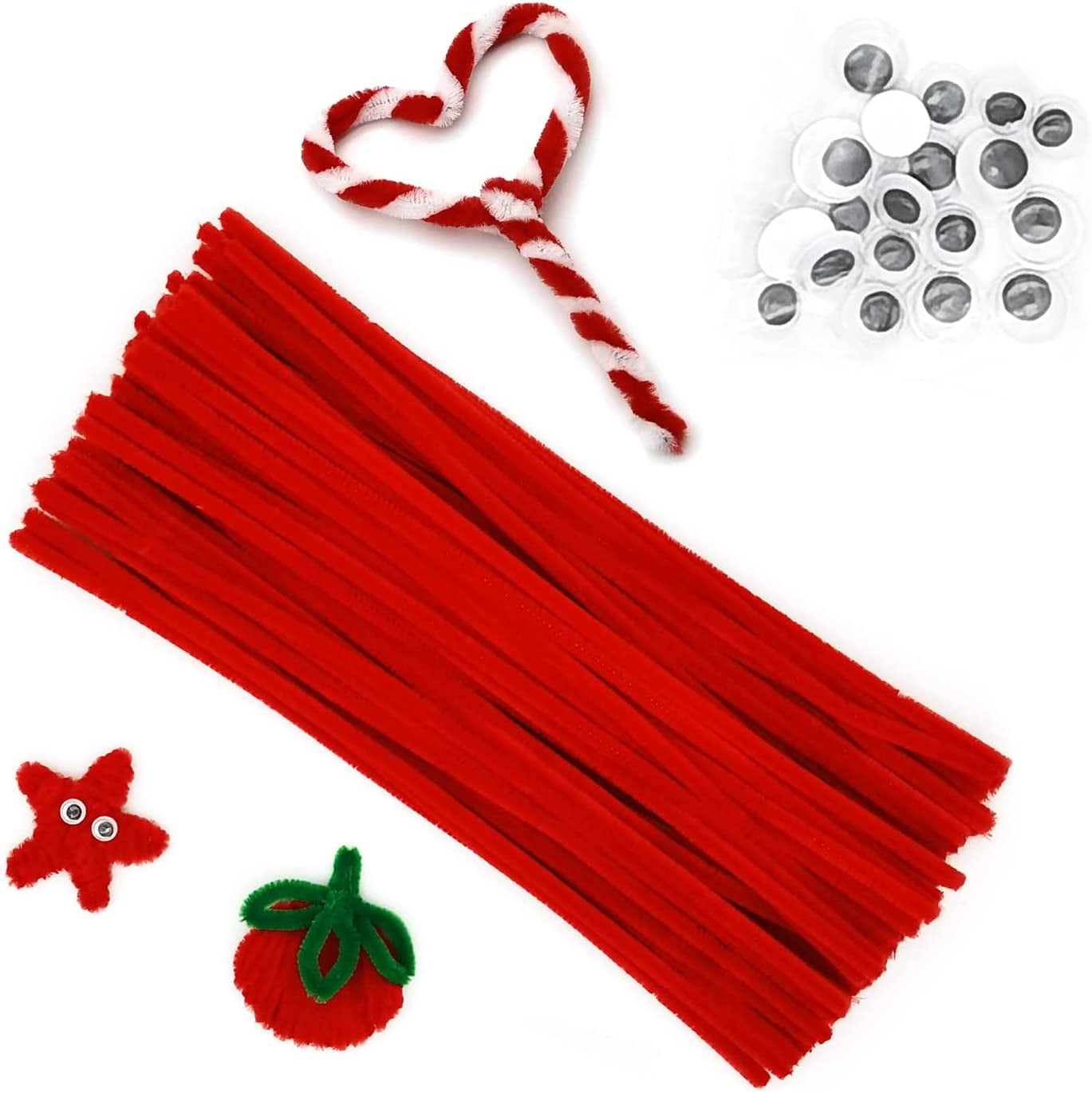 100 pcs Red Pipe Cleaners with 20 pcs Googly Eyes,Chenille Stems for ...