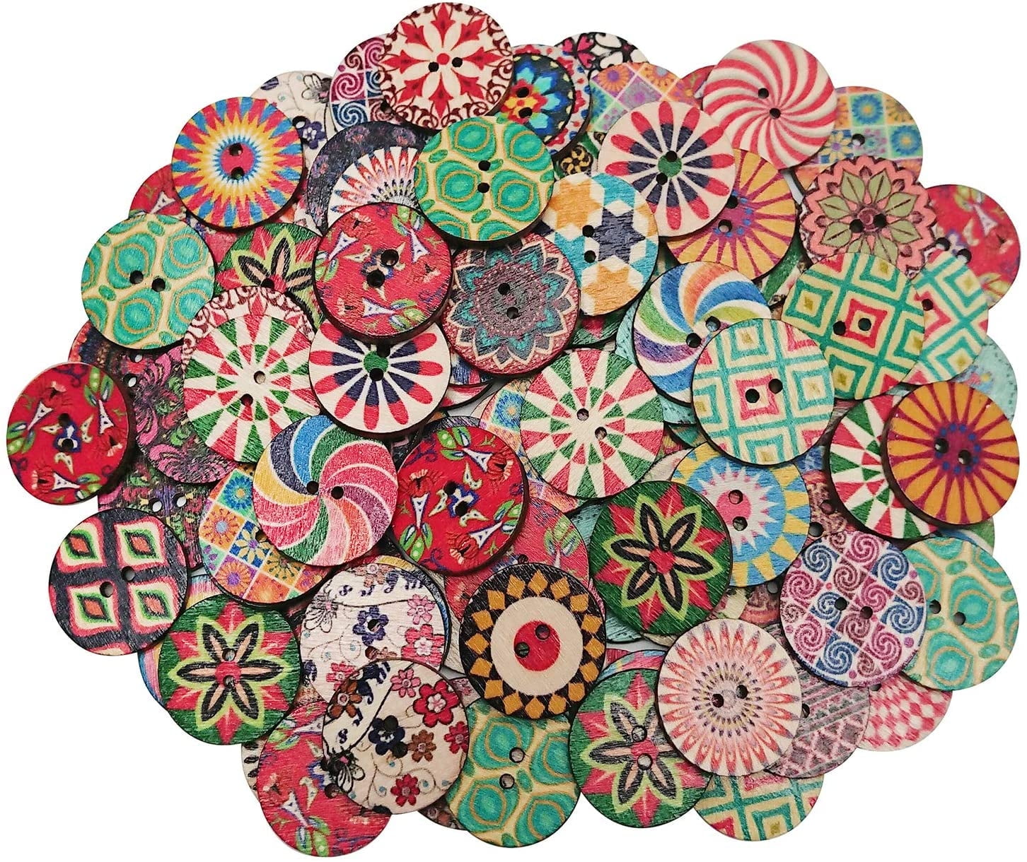 100 pcs Wooden Buttons Mixed Color Pattern 2 Holes Wood Buttons for ...
