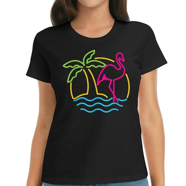 100% pure cotton 80S Vintage Miami Retro Neon Pink Flamingo T-Shirt ...