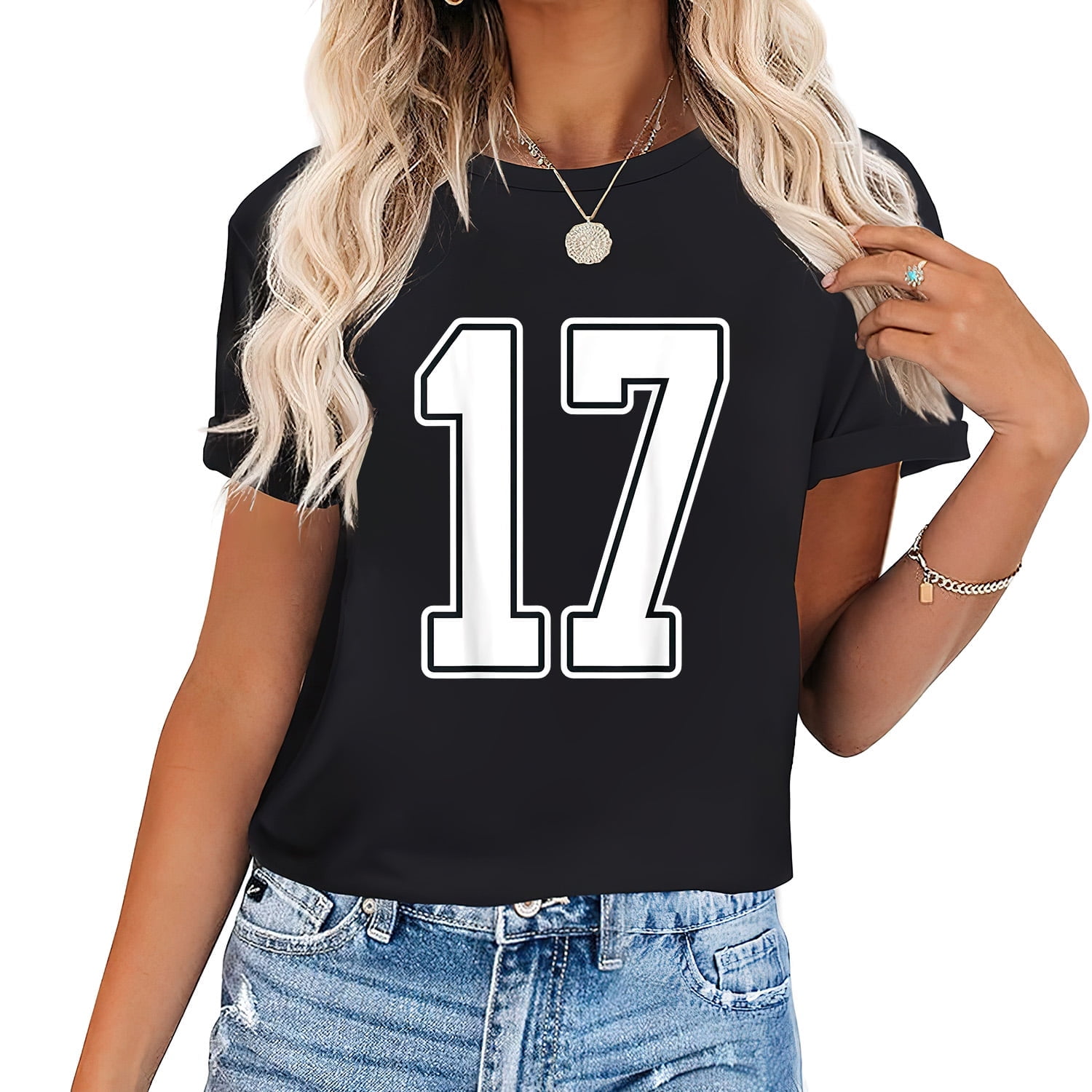 100% pure cotton Womens #17 White Outline Number 17 Sports Fan Jersey ...