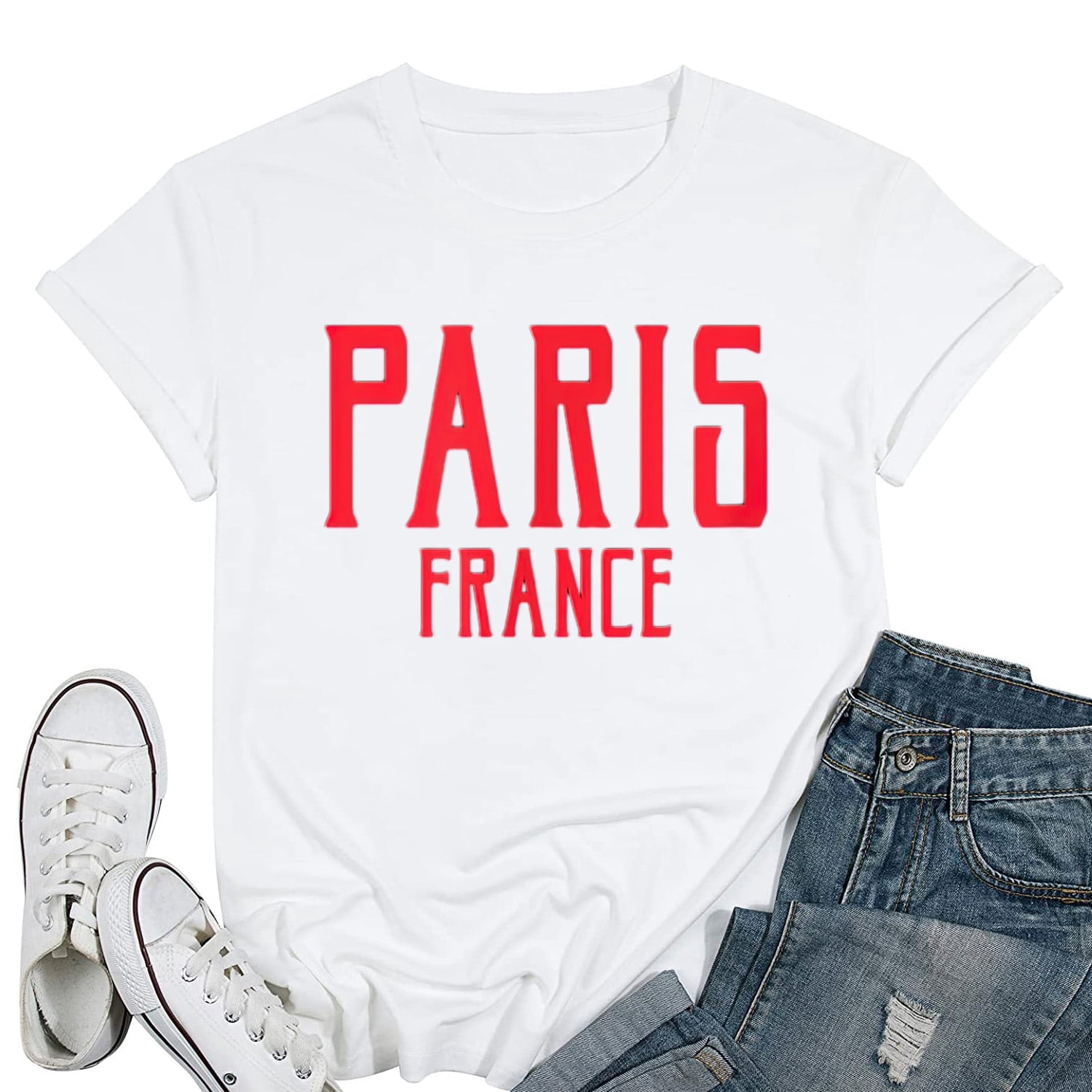 100% pure cotton Womens Paris France Text Red Print T-Shirt White ...