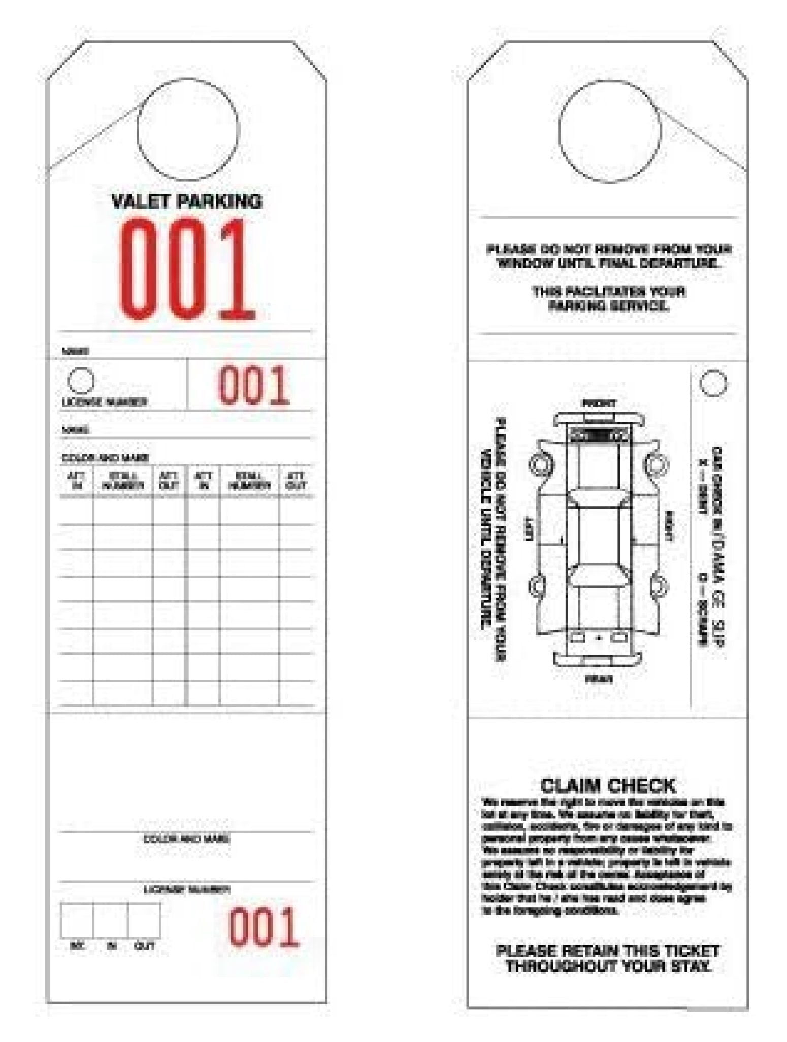 1000 . 3-Part Valet Parking with car Diagram. Numbered and Perforated ...