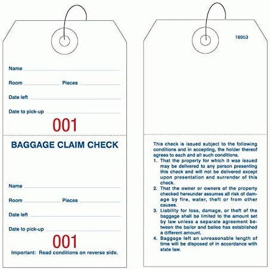 1000 Baggage Claim Check Tags. Durable White Cardstock with Red ...