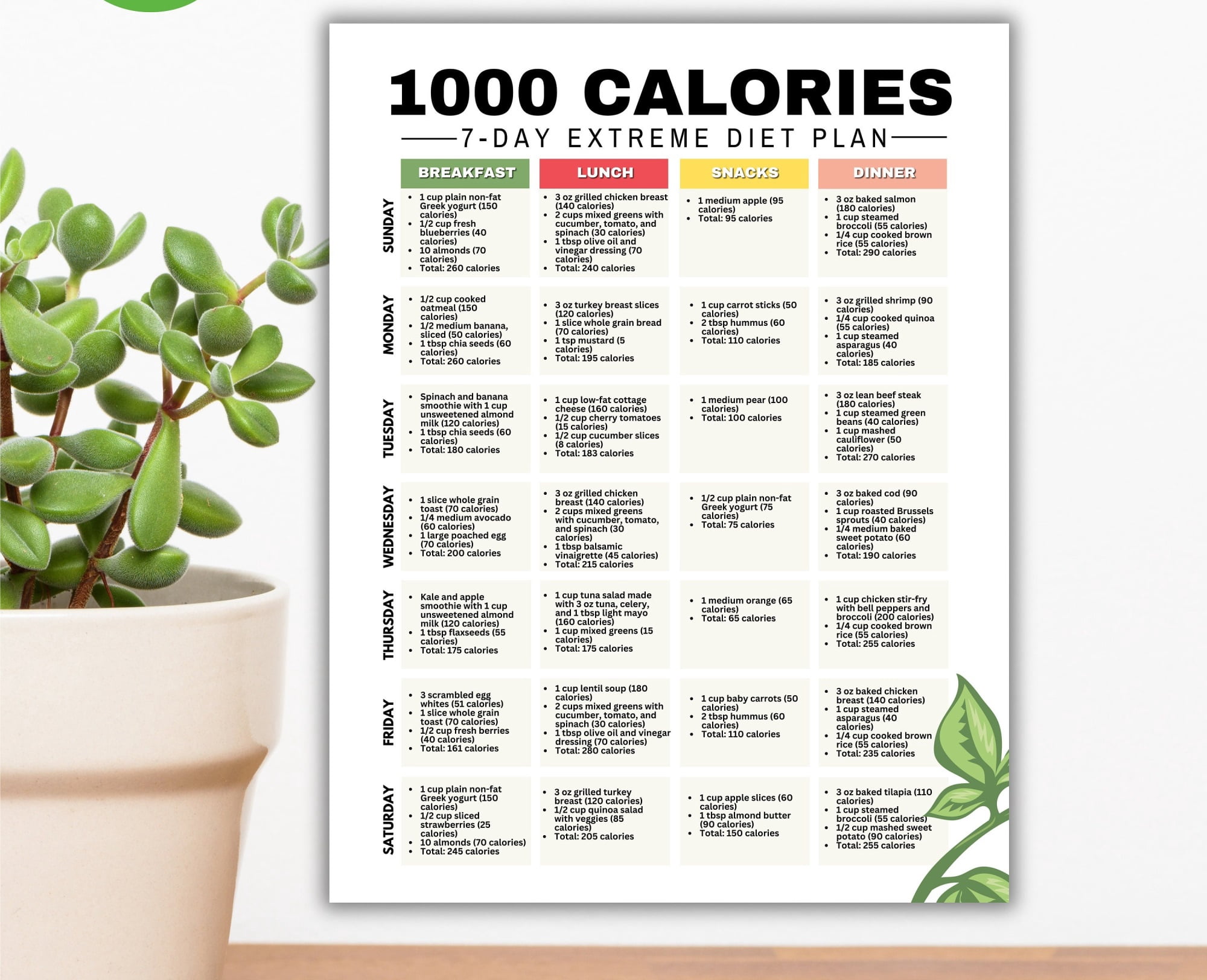 1000 Calorie Extreme Diet Plan Poster, Nutritionist Low Calorie Diet ...