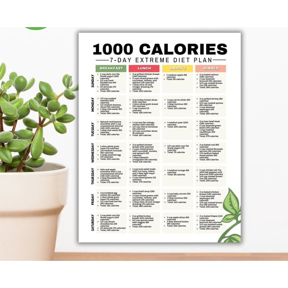 1000 Calorie Extreme Diet Plan Poster, Nutritionist Low Calorie Diet ...