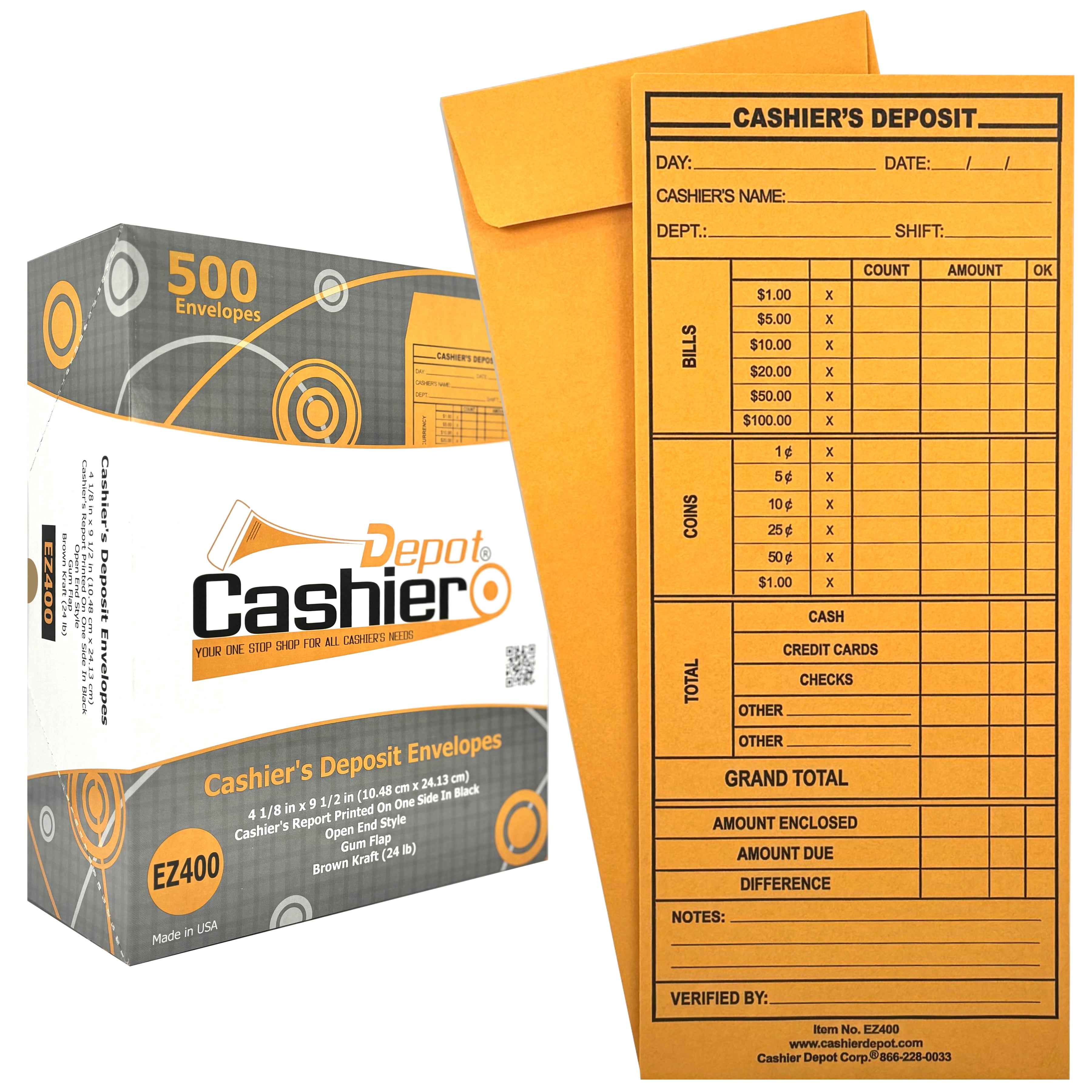 1000 Cashier Depot EZ400 Cashier's Deposit Envelope, #10 Brown Kraft ...