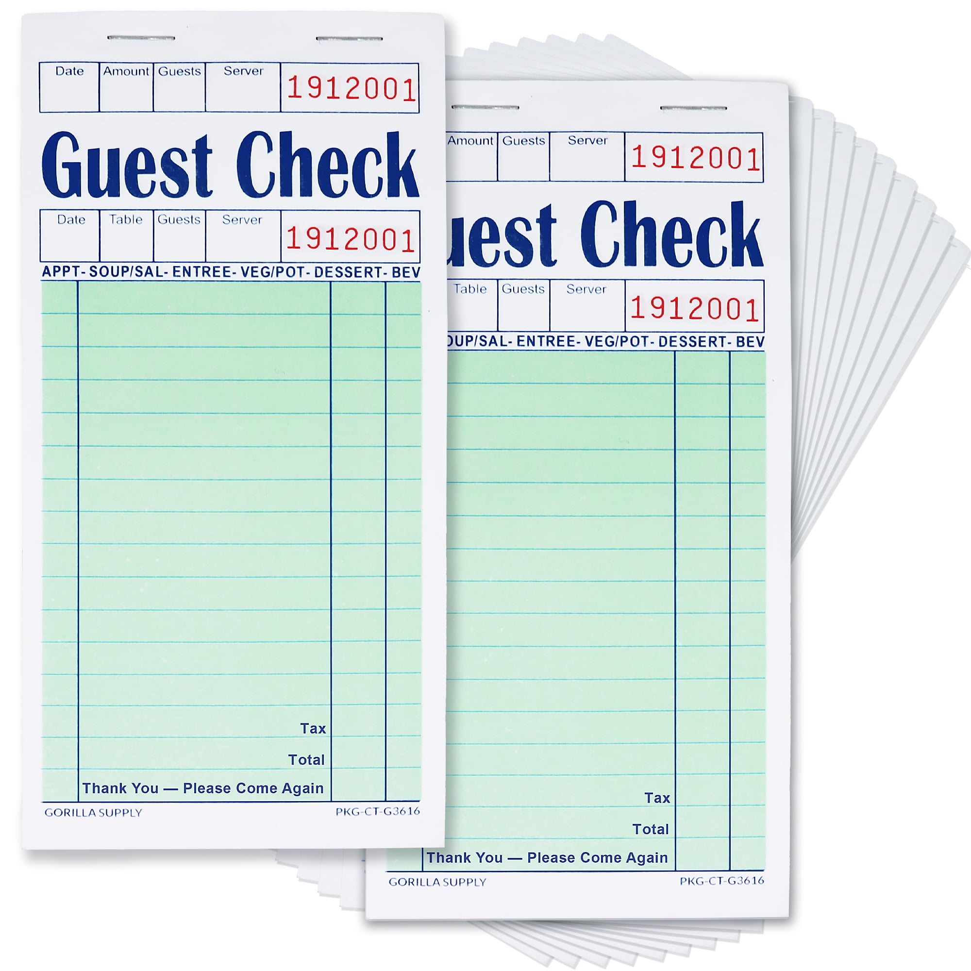 Gorilla Supply Guest Check Book, 3.4" x 6.73", Green, 1000 Single Part ...