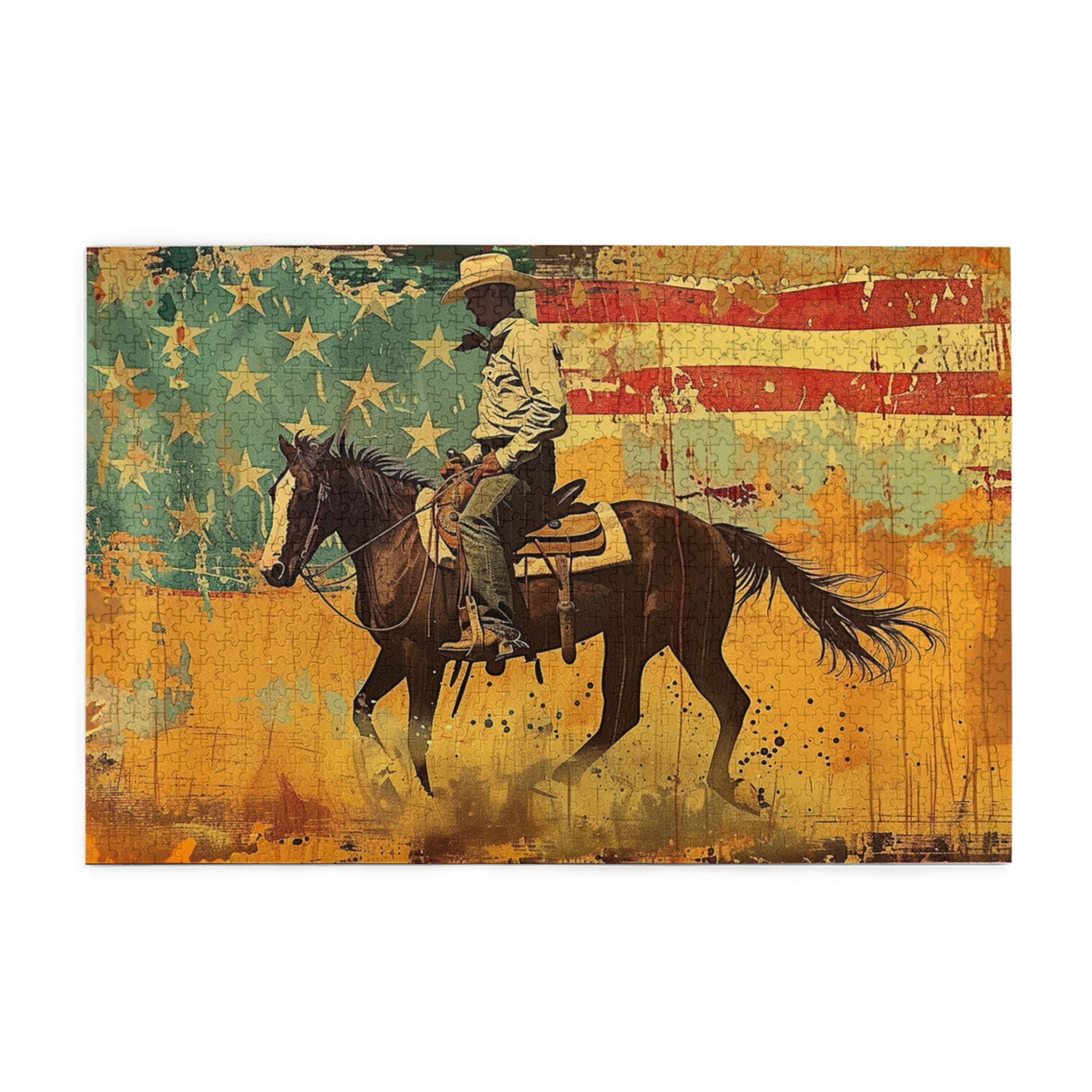 1000 PCS Riding Cowboy & Star Spangled Flag Wooden Puzzle 1000 Piece ...