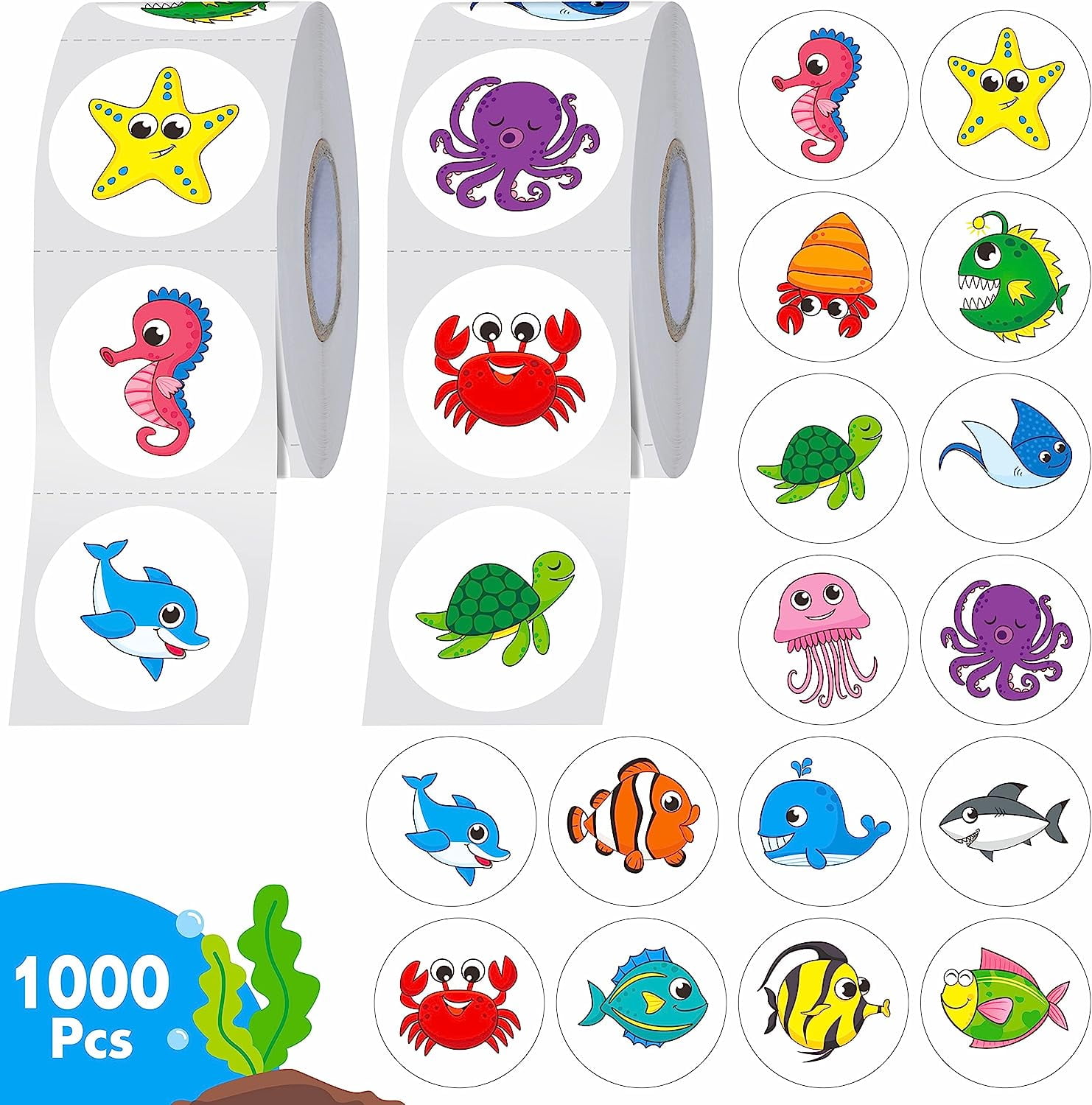 1000 PCS Round Animal Stickers, 16 Designs Adorable Marine Animals ...