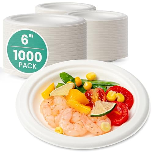 [1000 Pack] Compostable Paper Plates, 6 Inch Biodegradable Round Plates ...