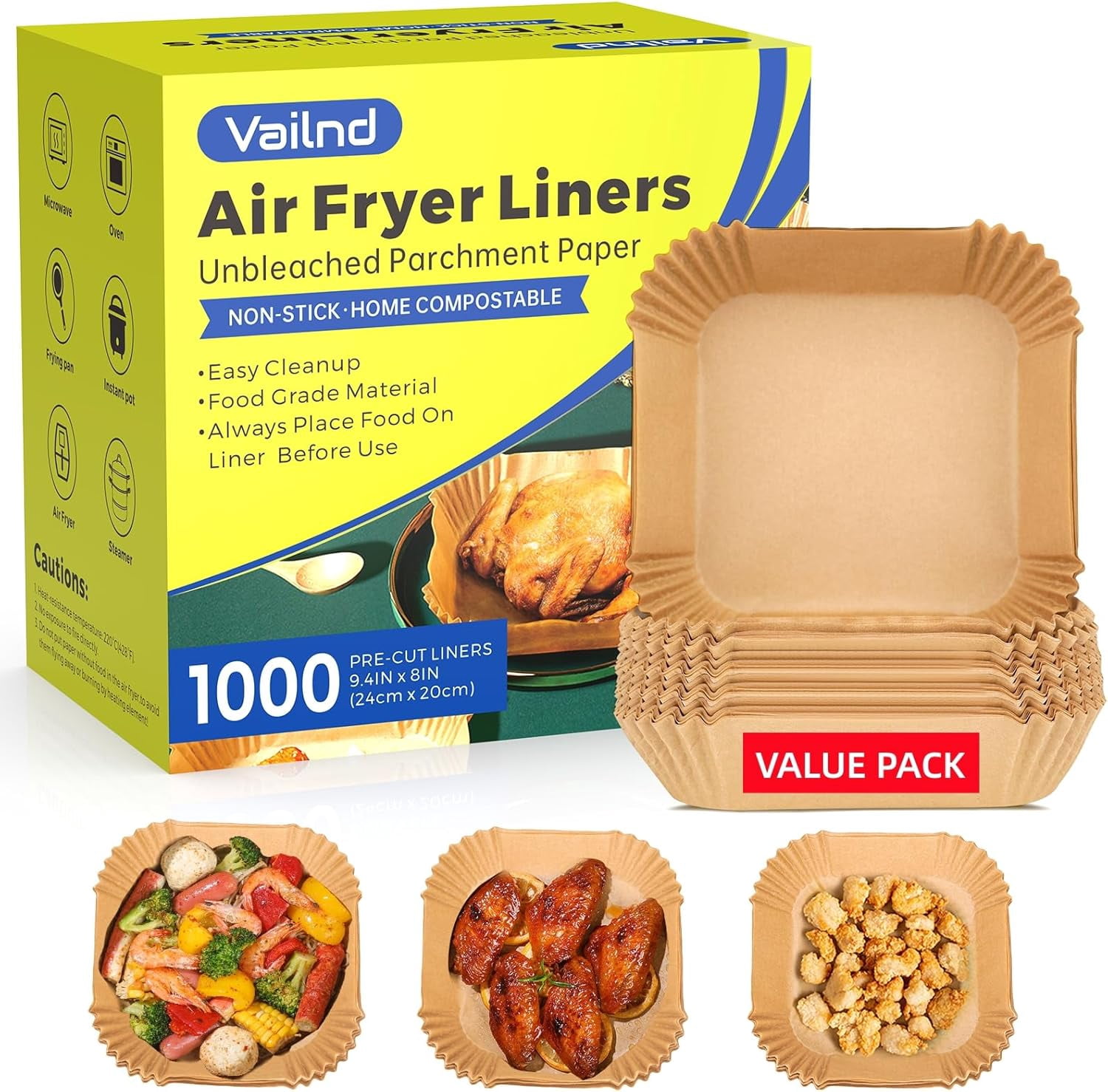 1000 Pcs Air Fryer Paper Liners Value Pack, 8" Square Air Fryer Liners ...