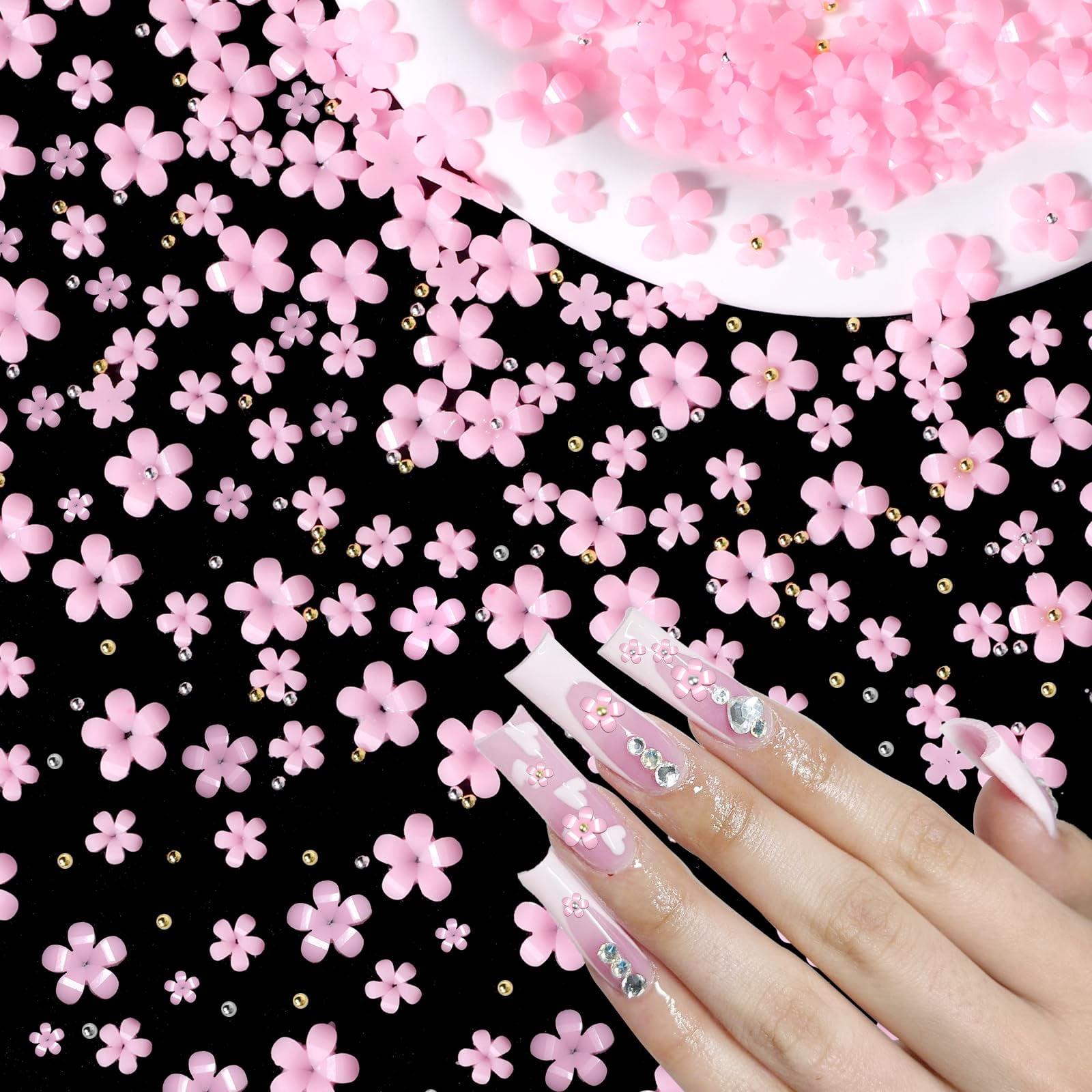 1000 Pcs Pink Colors Acrylic Mix Sizes 3D Flower Nail Charms Tiny ...