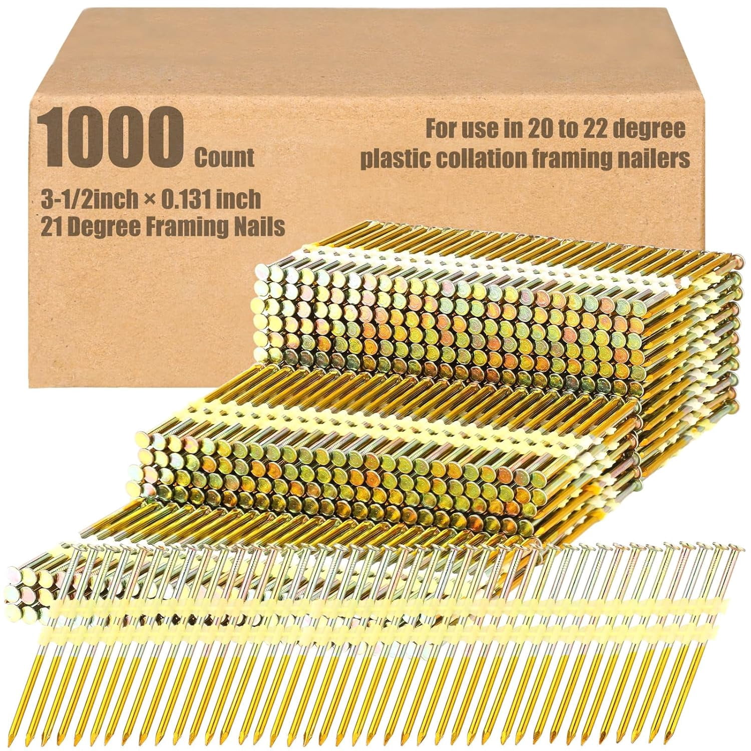 1000 Per Box 3-1/2 x 0.131 Inch Framing Nails 21 EG Degree Smooth Shank ...