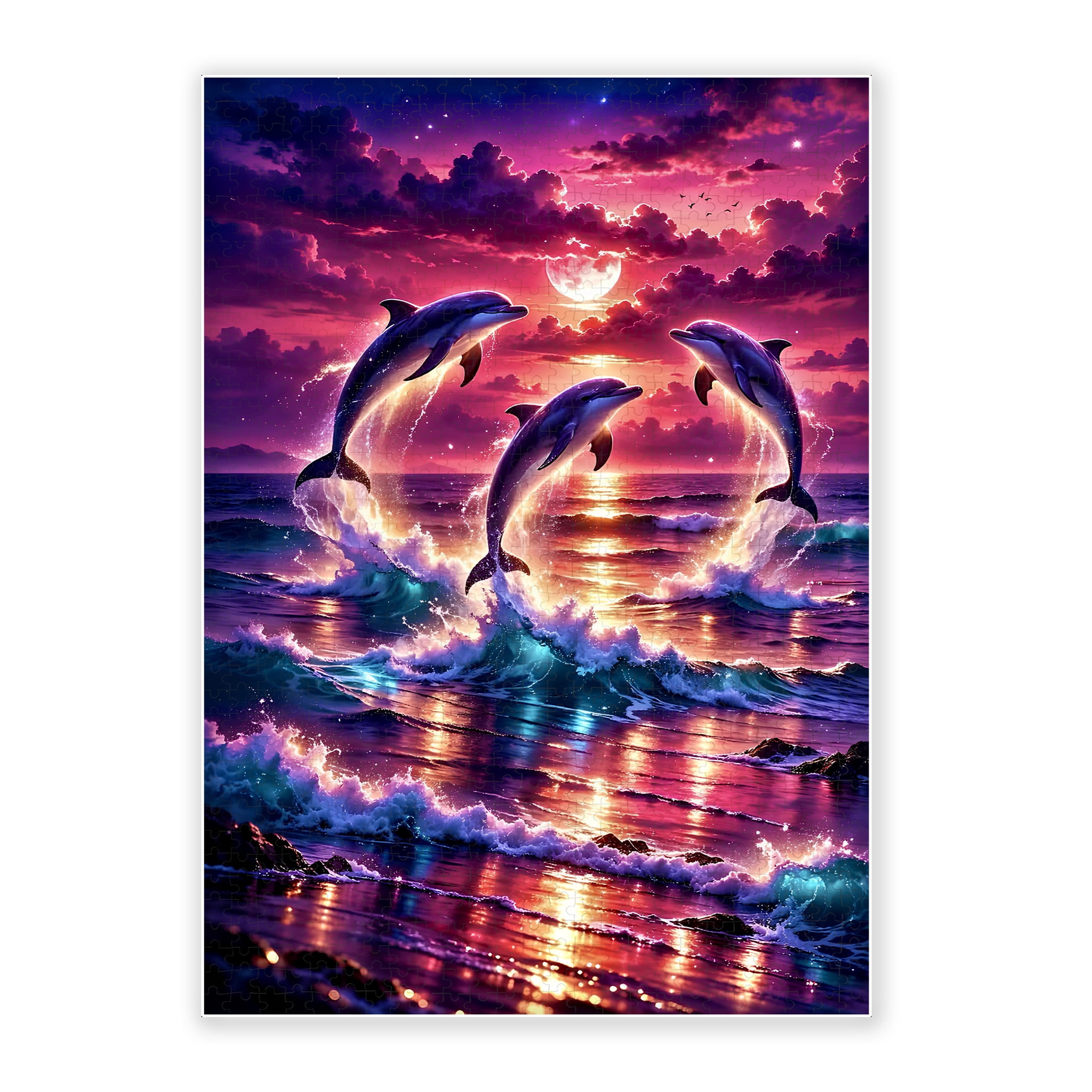 1000-Piece Adult Wood Jigsaw Puzzle, Three Dolphins Leaping at Magical ...