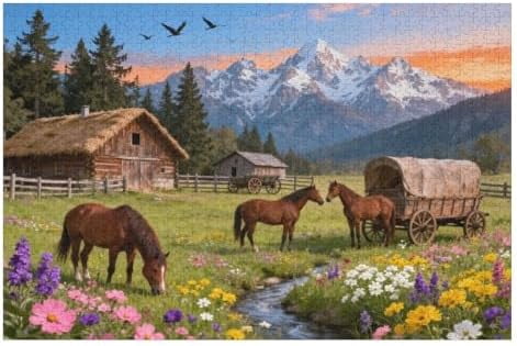 1000 Piece Flowers Mountain and Horse Colorful Scenic Landscape Puzzle ...