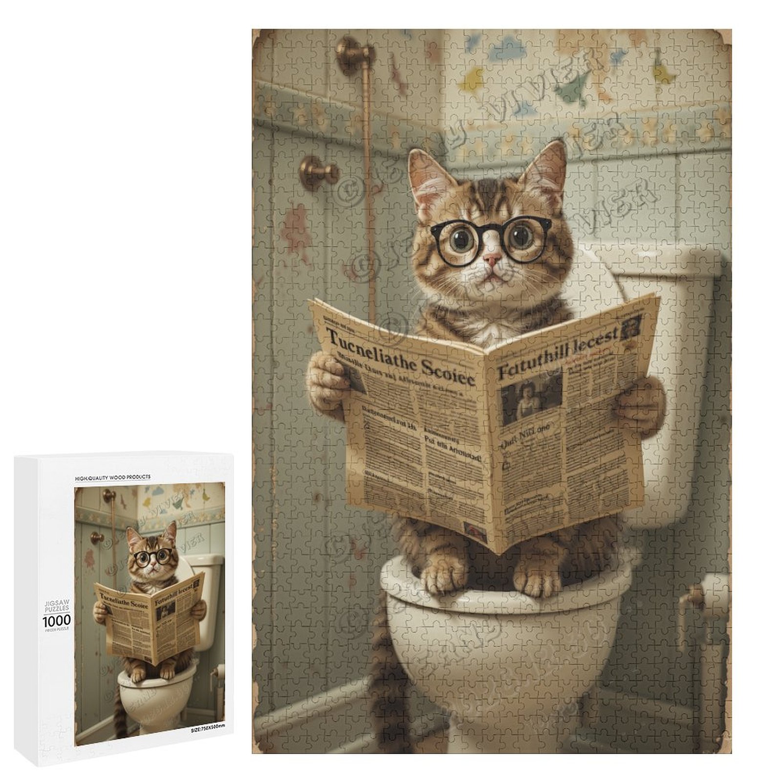 1000 Piece Jigsaw Puzzle 20" x 30" Finished Size Cat Reading Newspaper ...