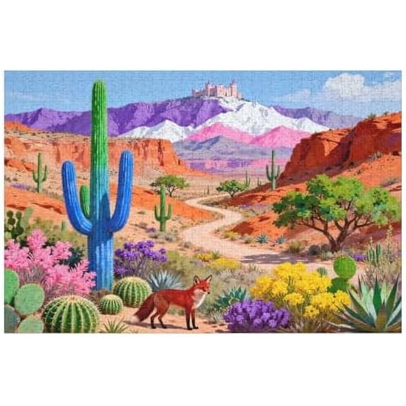 1000 Piece Jigsaw Puzzle, Colorful Desert Cactus Fox Mountain Nature ...