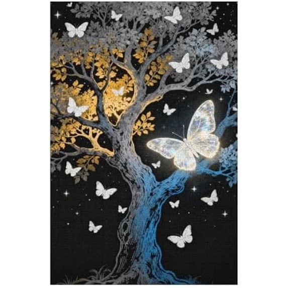 1000 Piece Jigsaw Puzzle, Night Tree and Butterfly Floral Art, Relaxing ...