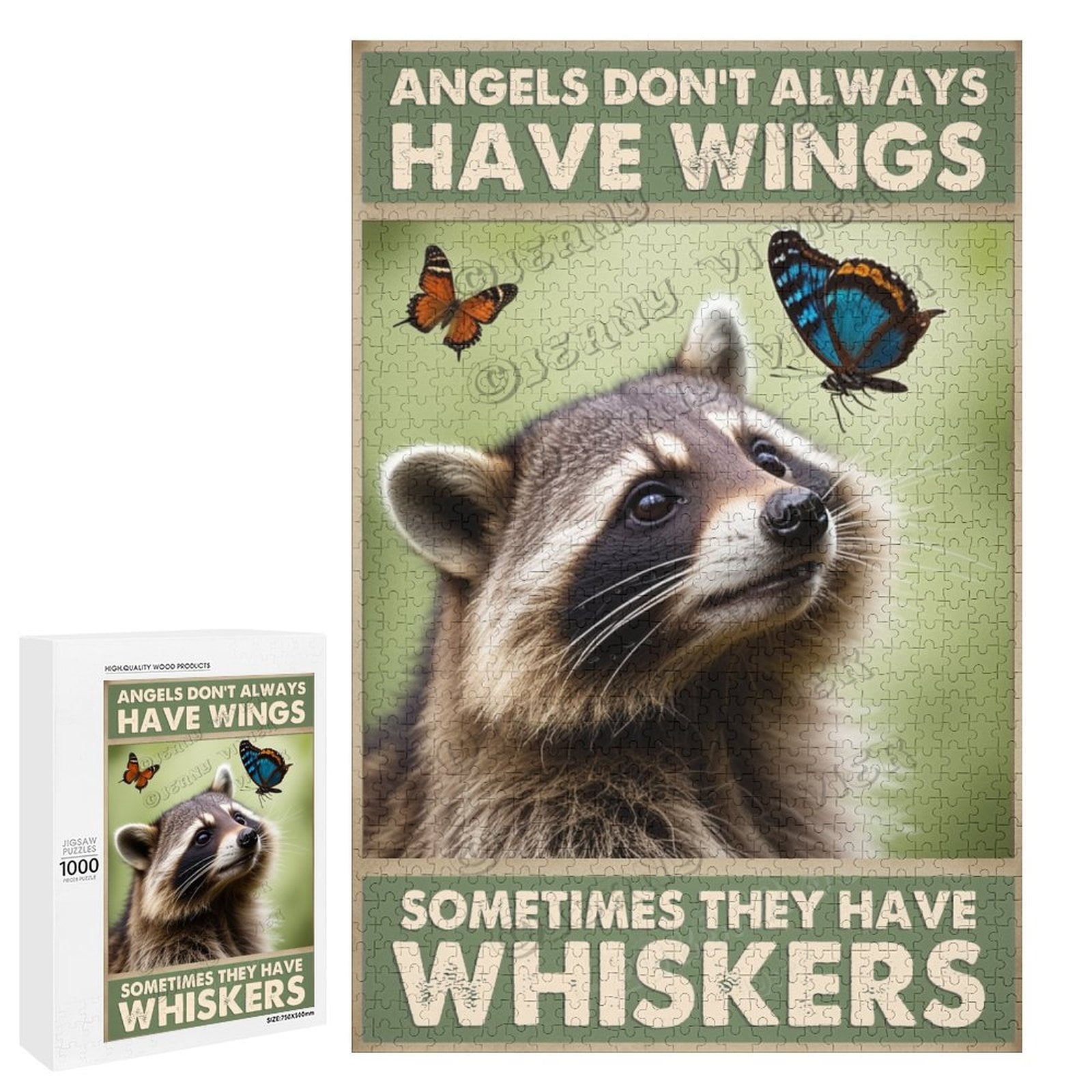 1000 Piece Jigsaw Puzzle – Raccoon with Butterfly Angel Wings | Perfect ...