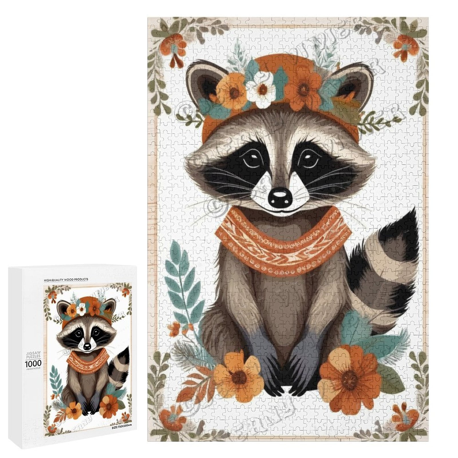 1000 Piece Jigsaw Puzzle – Rustic Farmhouse Raccoon with Flower Decor ...