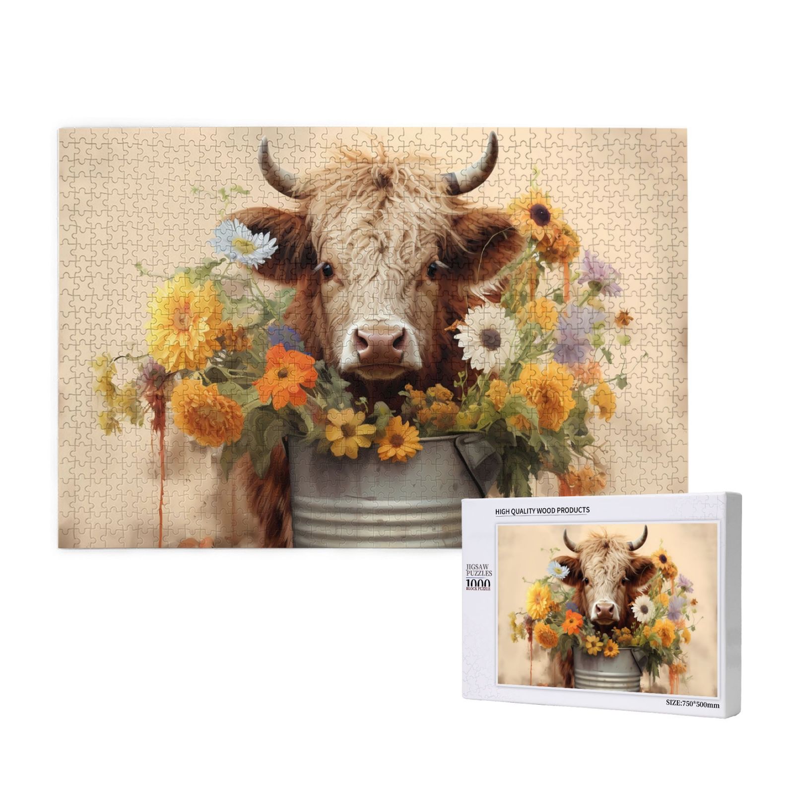 1000 Piece Photo Puzzle Bucket Flower Cow Family Reunion Puzzle, Wooden ...