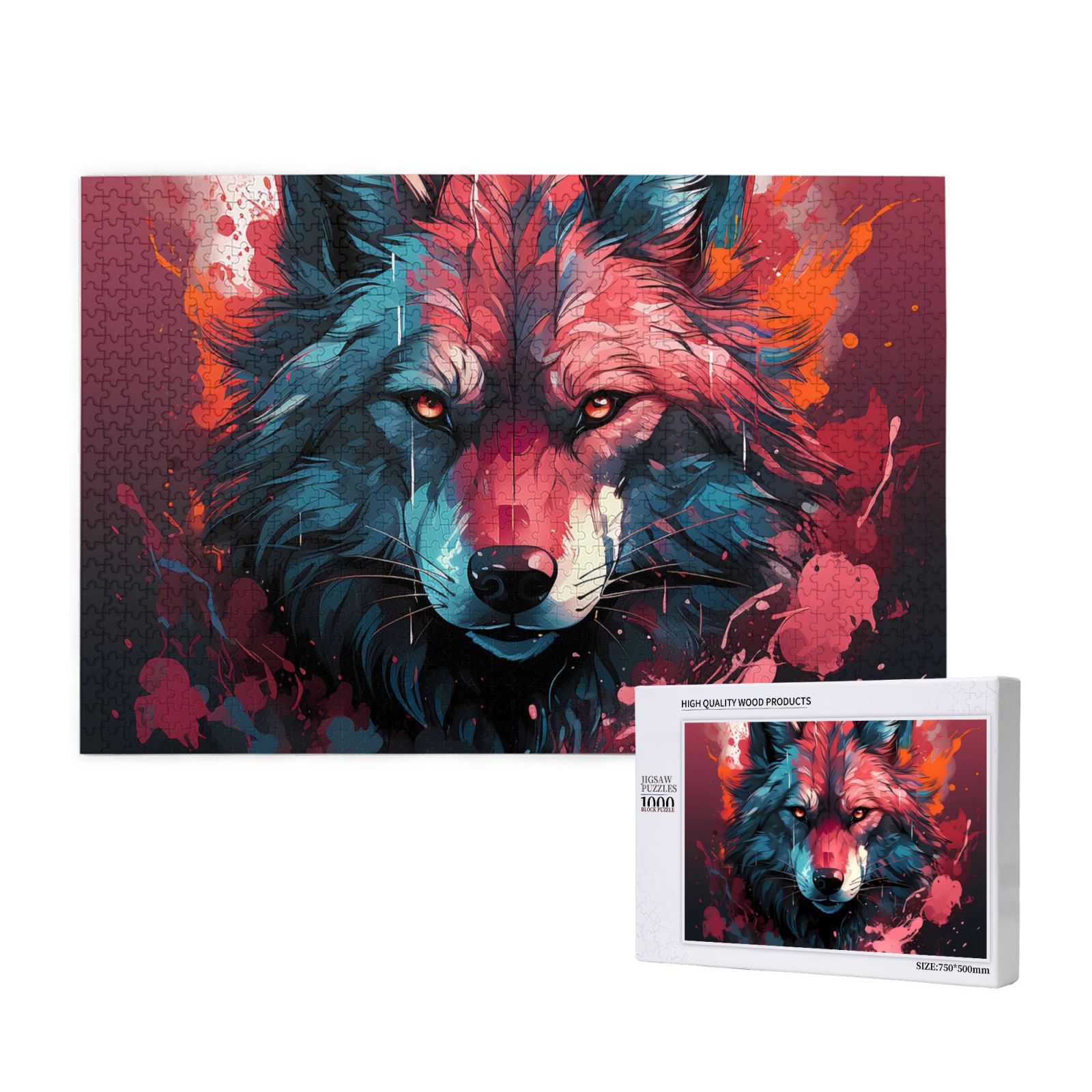 1000 Piece Photo Puzzle Red Flame Wolf Head Family Reunion Puzzle ...