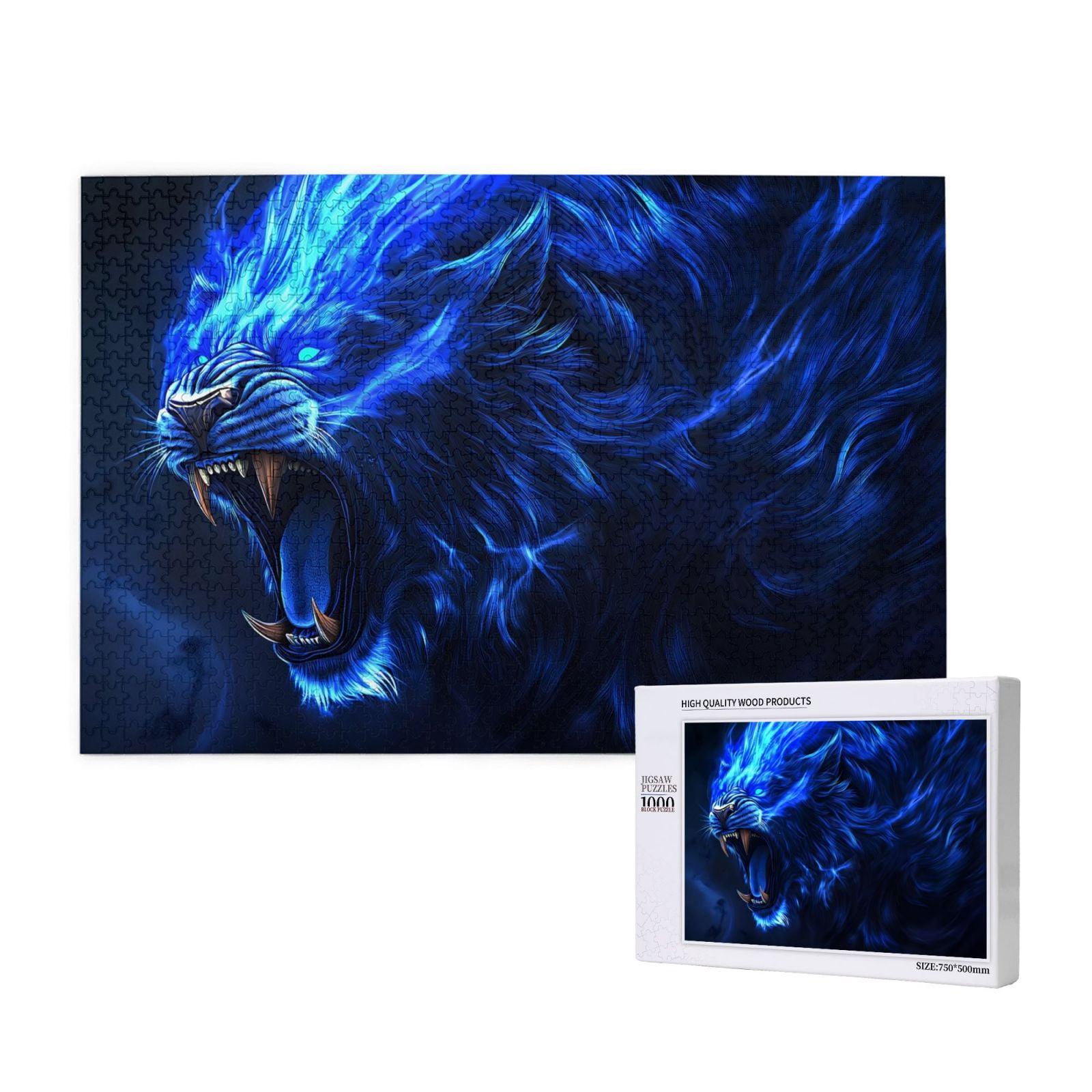 1000 Piece Photo Puzzle Roaring Blue Lion Flame Family Reunion Puzzle ...