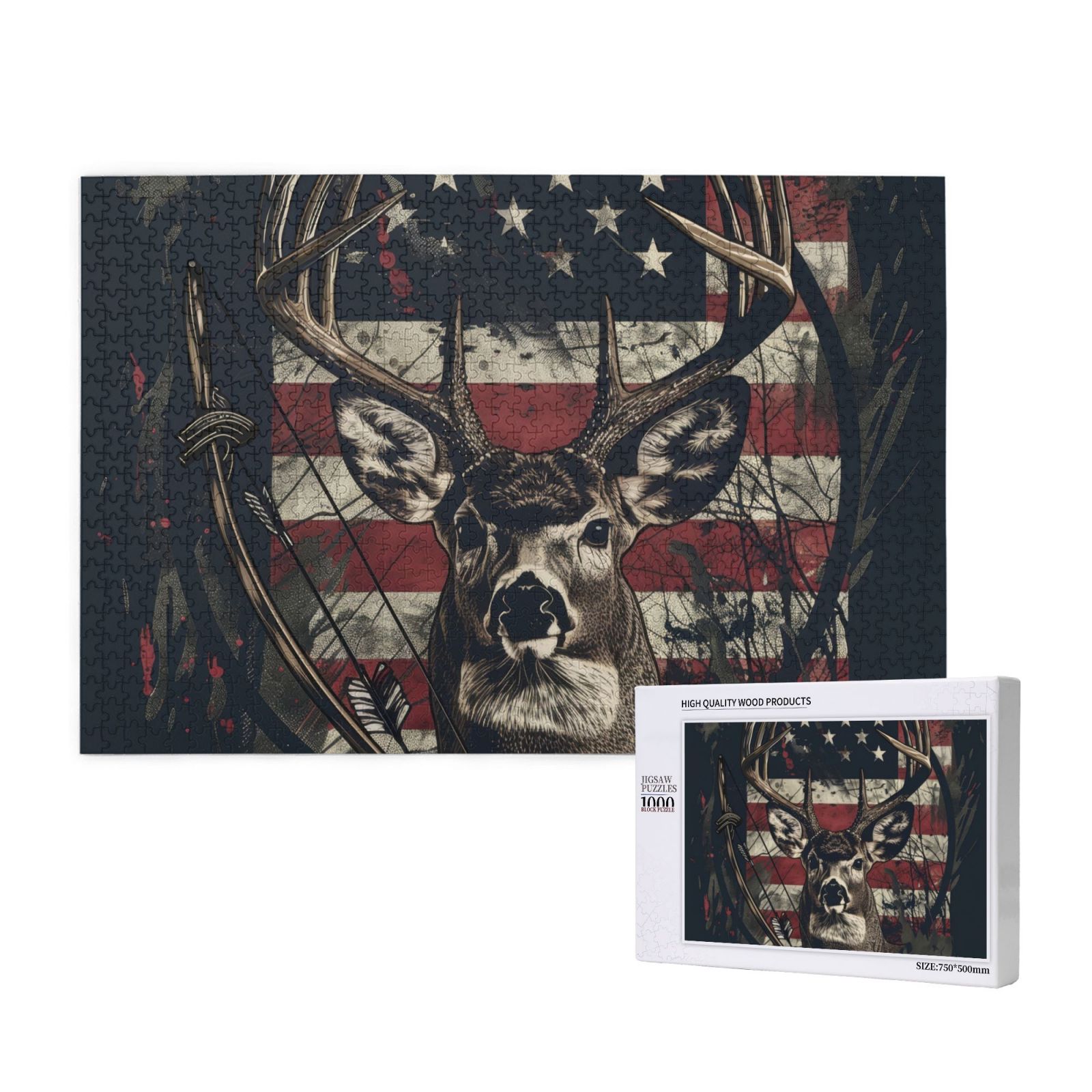 1000 Piece Photo Puzzle USA Flag Deer Art Family Reunion Puzzle, Wooden ...