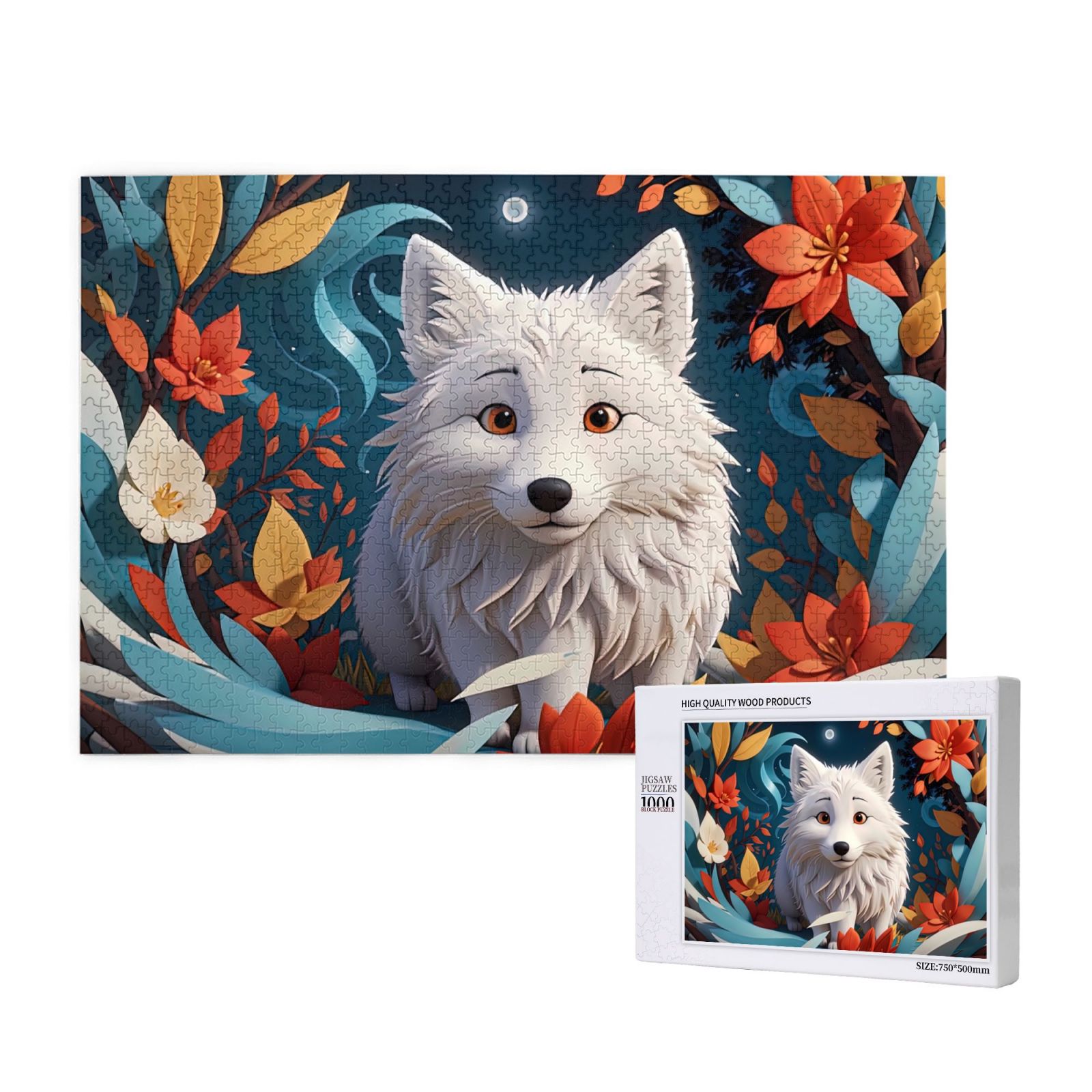 1000 Piece Photo Puzzle White Wolf with Flowers Family Reunion Puzzle ...