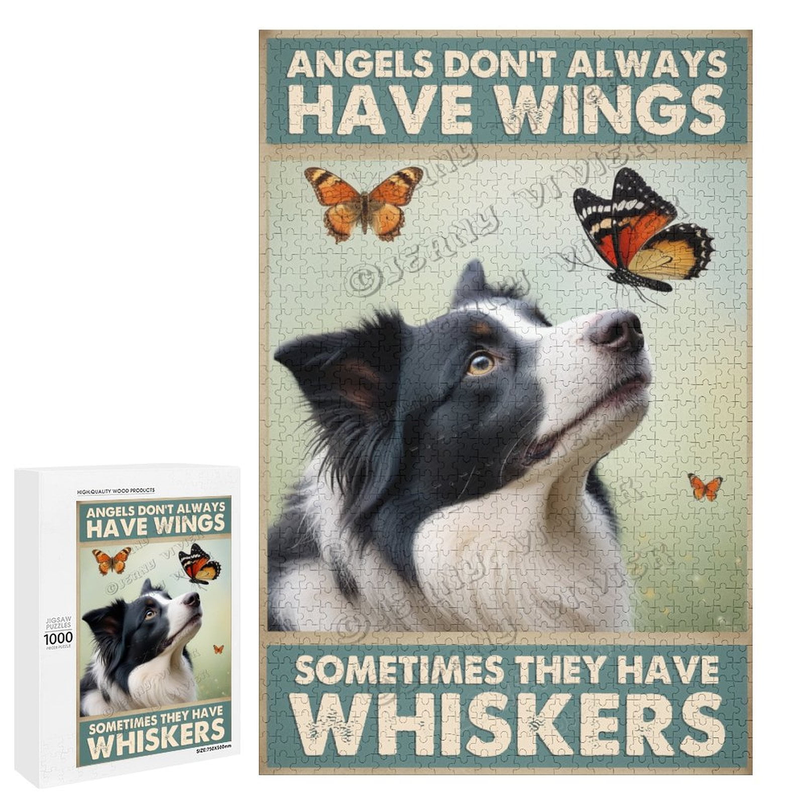 1000 Piece Puzzle – Border Collie with Angel Wings and Butterfly Decor ...