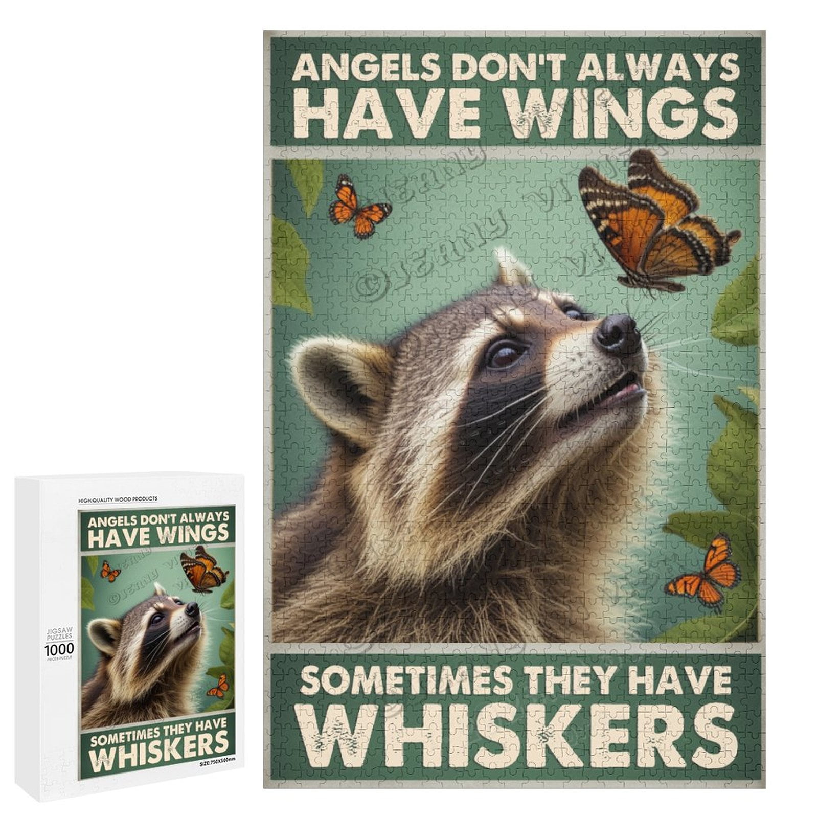 1000 Piece Puzzle – Raccoon with Butterfly and Angel Wings | Fun Puzzle ...