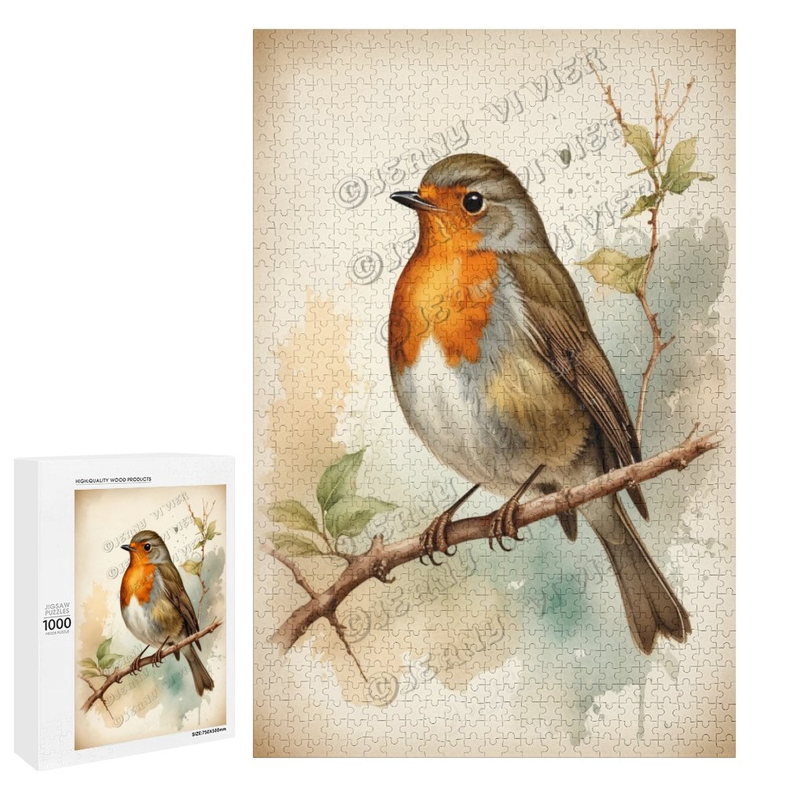 1000 Piece Puzzle – Vintage Robin with Flowers and Bird Design ...