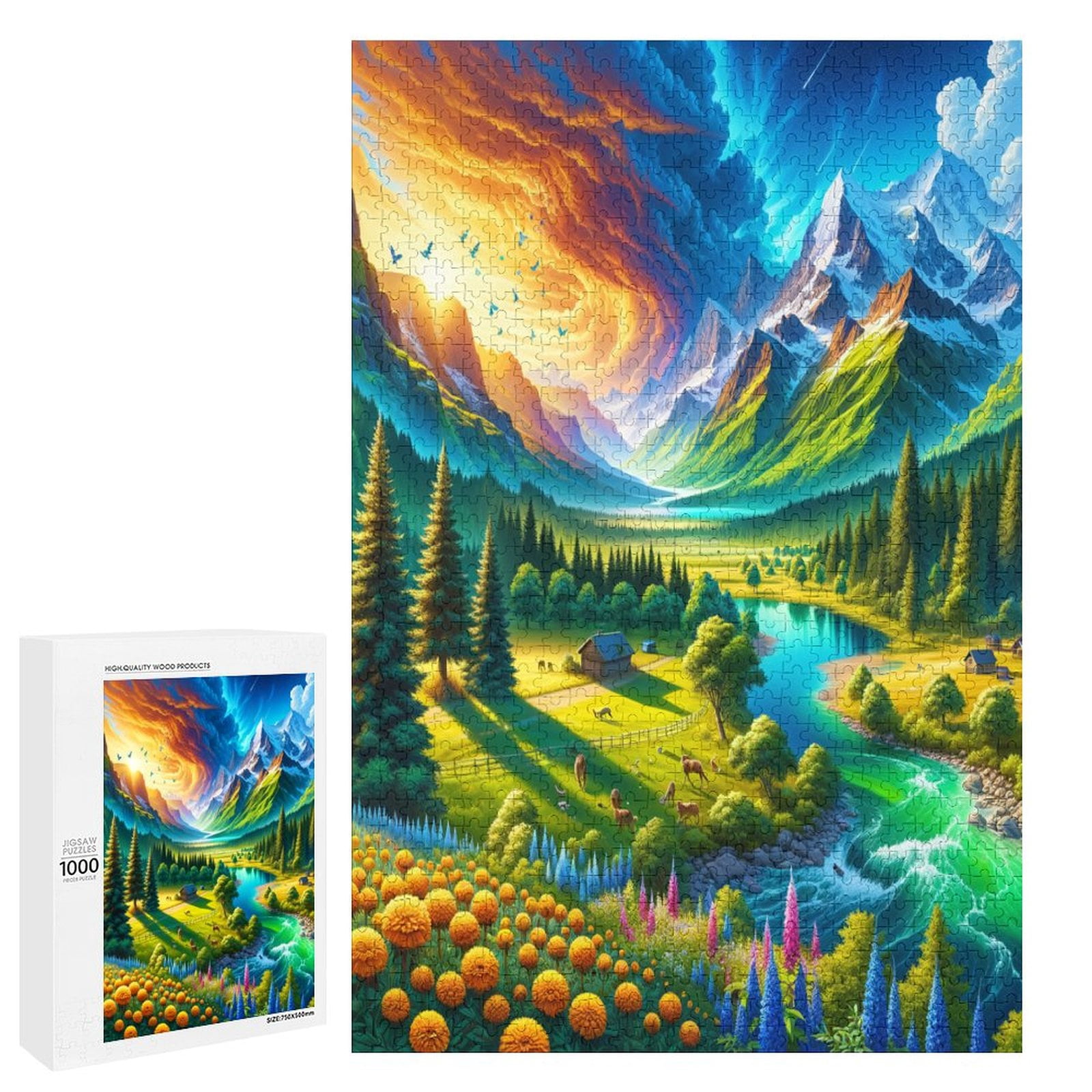 1000 Piece Puzzles Landscape Forest Mountains River Lake & Flowers ...