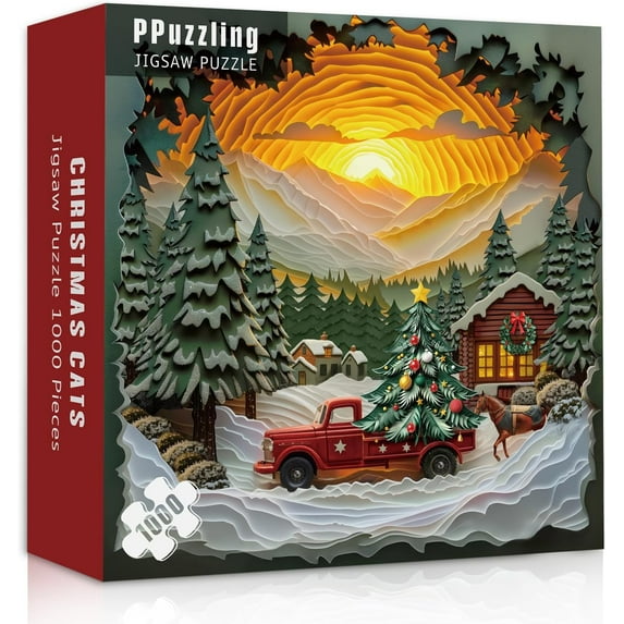 1000 Piece Snowy Forest Sunset Puzzle, Vintage Red Truck Christmas ...