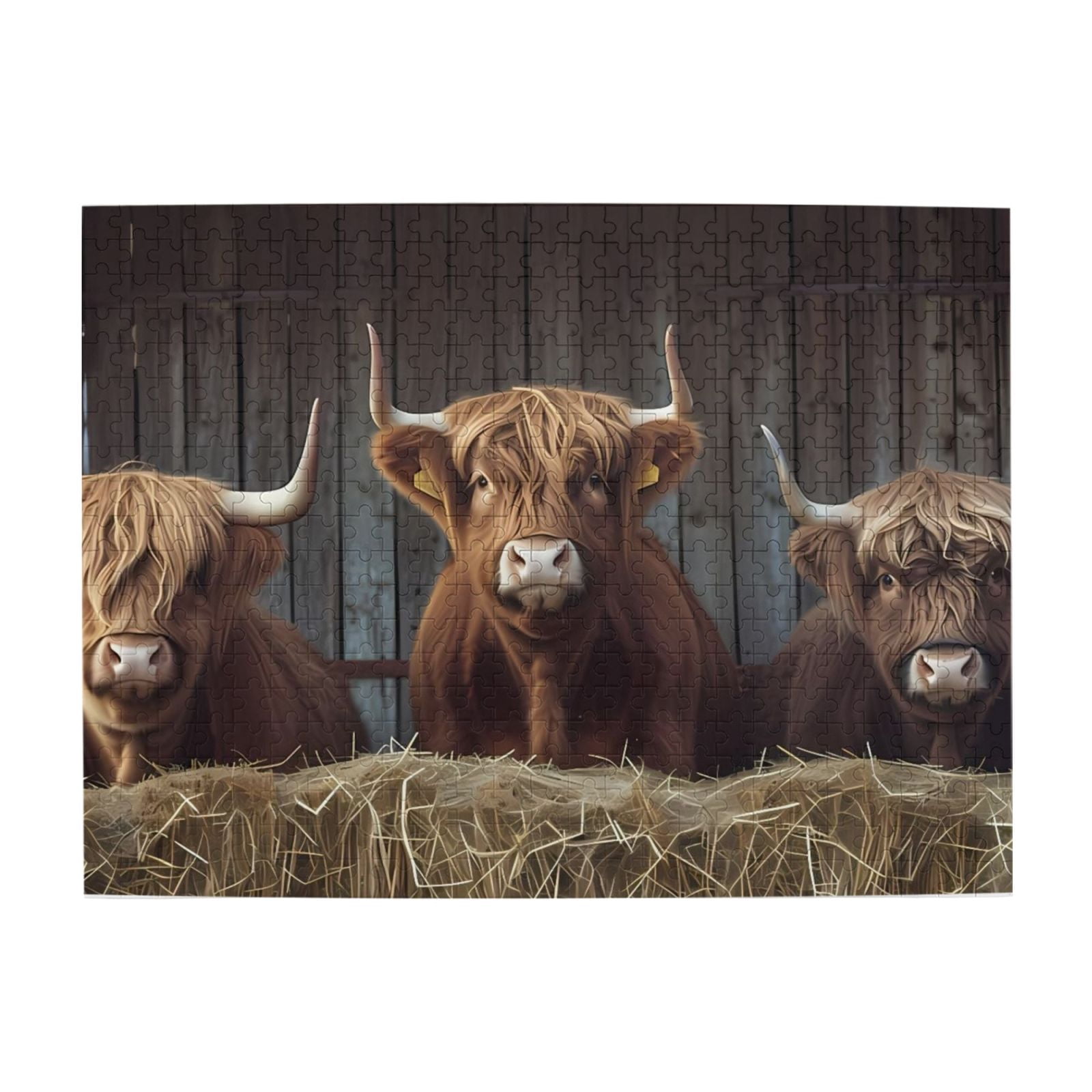 1000-Piece Wooden Jigsaw Puzzle for Adults - Highland Cattle Barn Hay ...