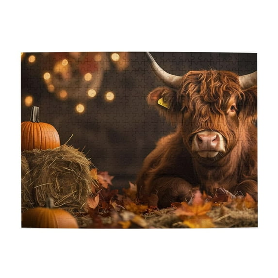 1000-Piece Wooden Jigsaw Puzzle for Adults - Highland Cow Pumpkins Fall ...